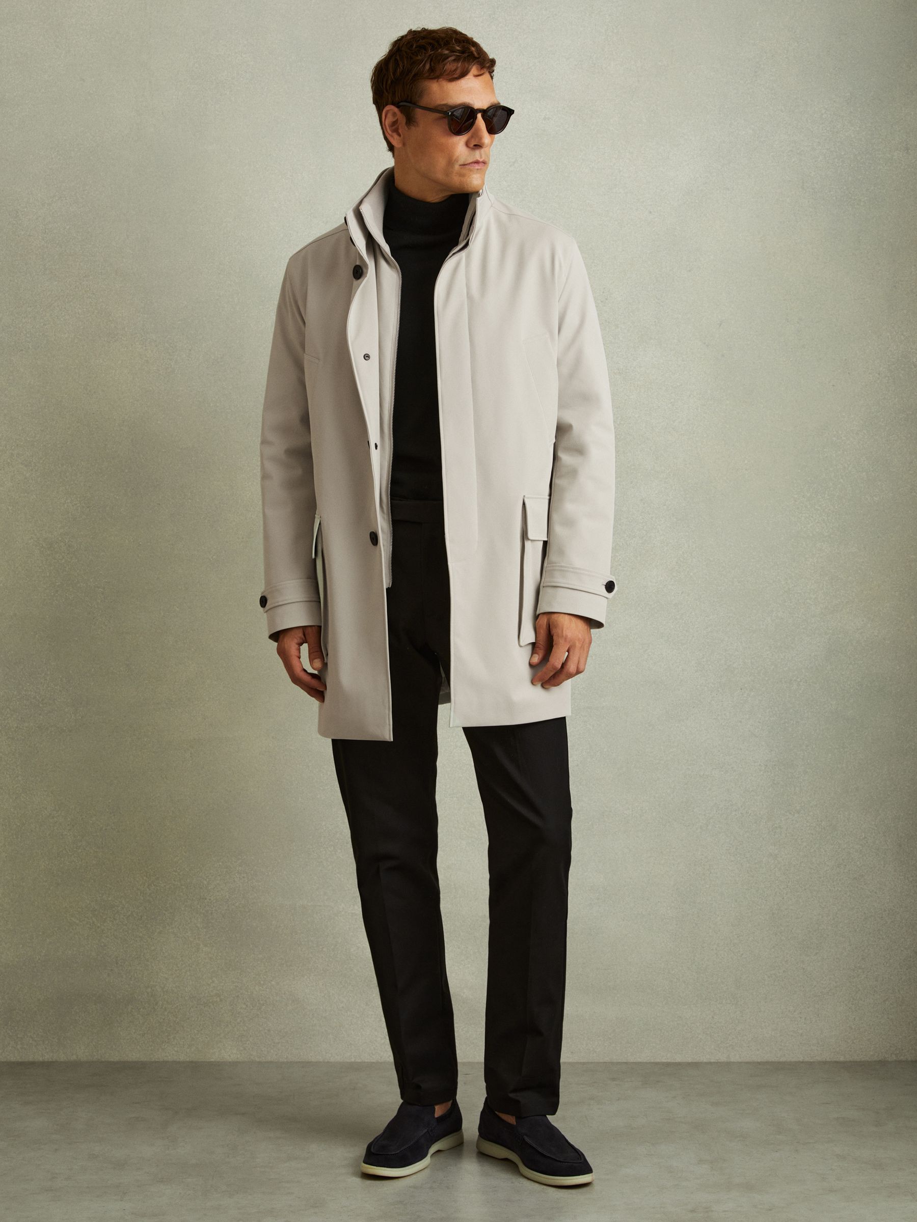 Reiss Hybrid Removable Funnel Neck Overcoat in Stone - REISS