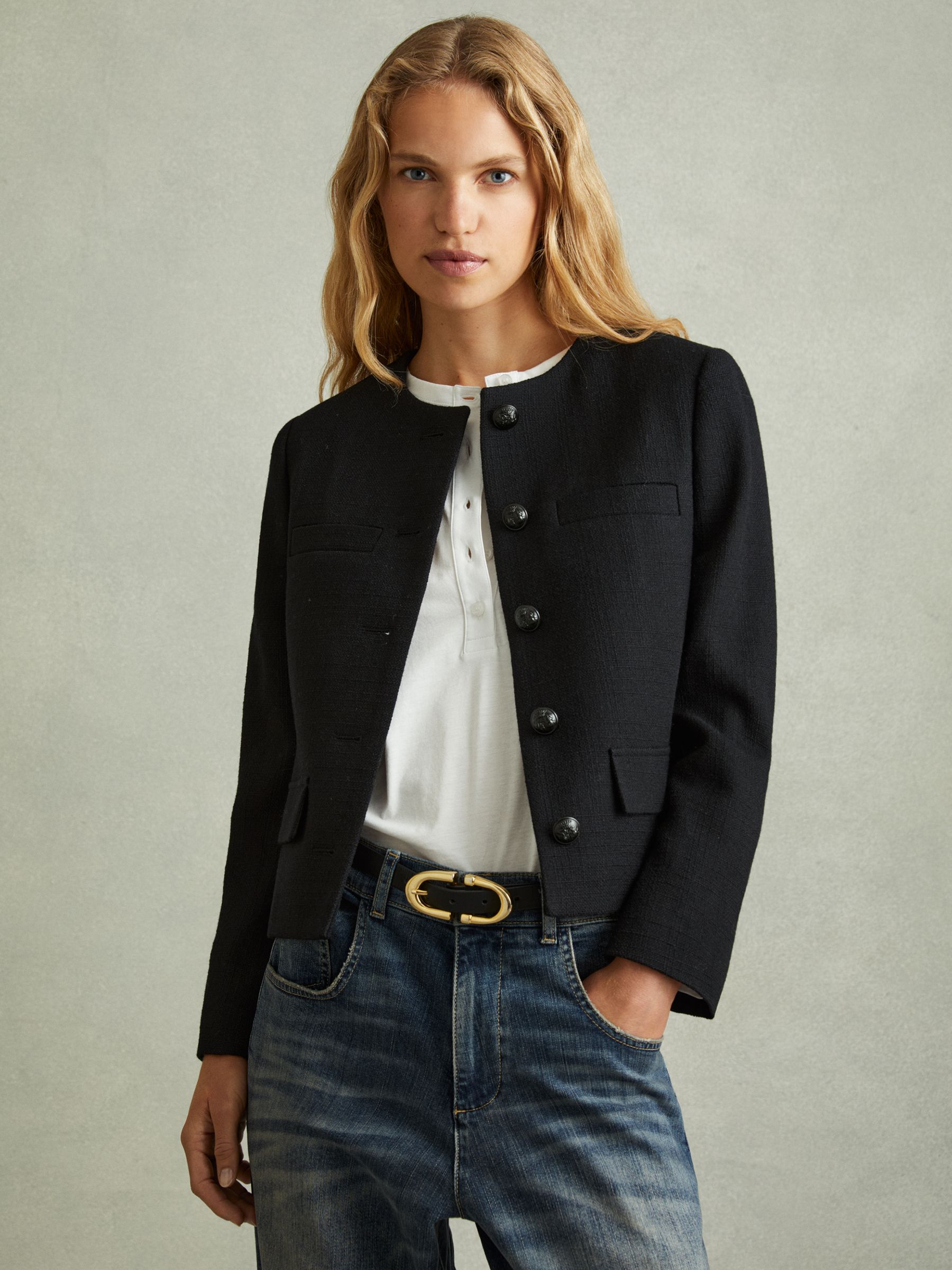 Reiss Cropped Wool Single Breasted Jacket in Black - REISS