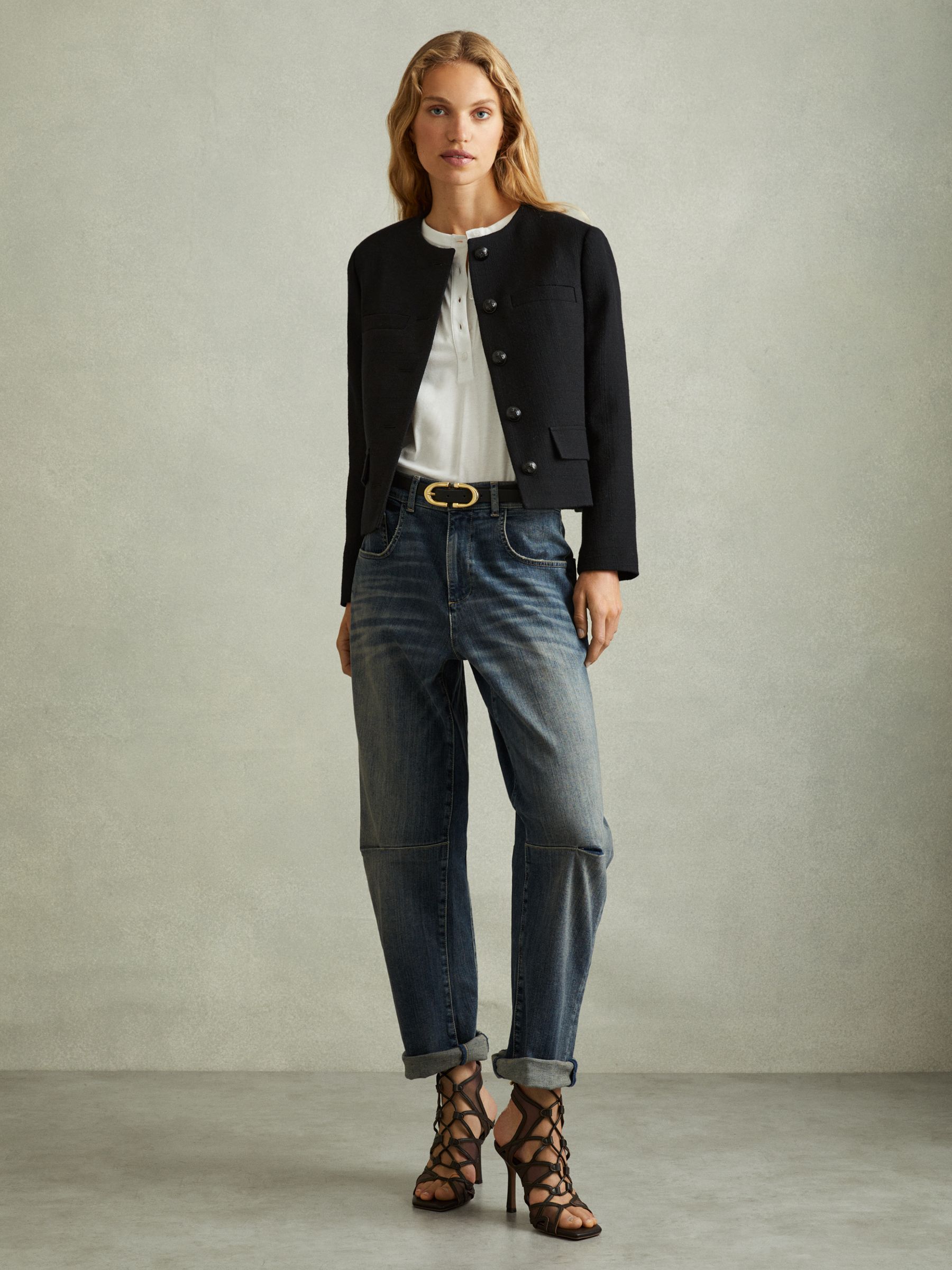 Reiss Cropped Wool Single Breasted Jacket in Black - REISS