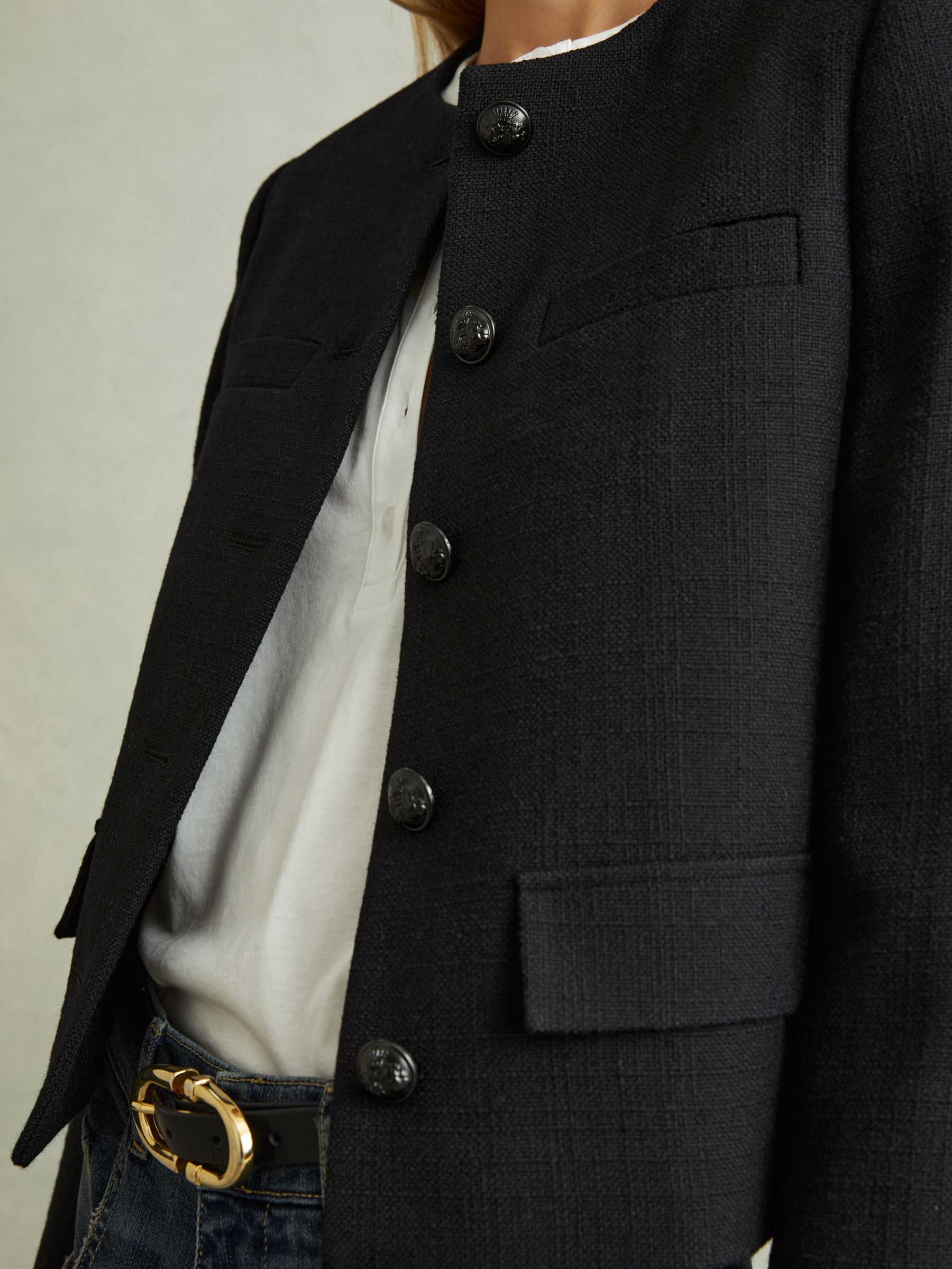 Reiss Cropped Wool Single Breasted Jacket in Black - REISS