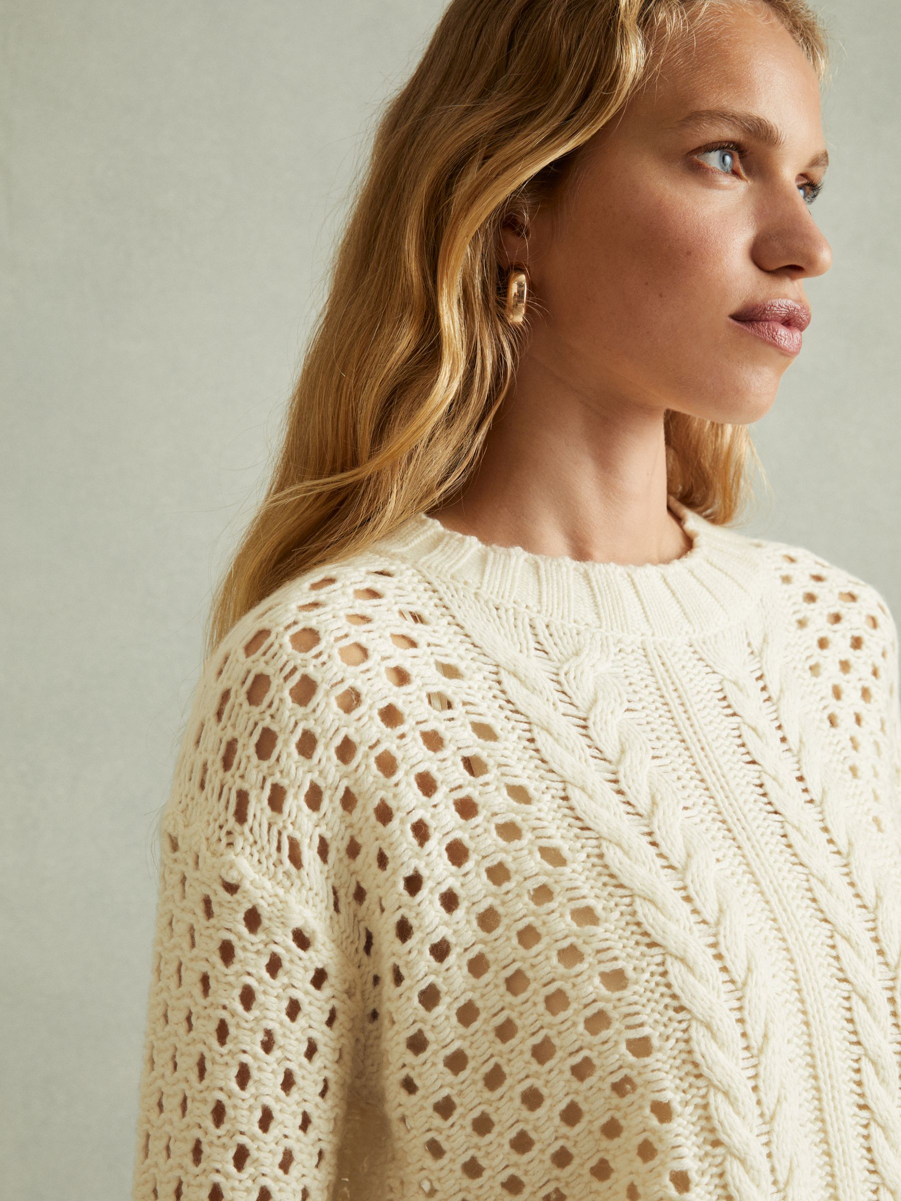 Reiss Cable Knit Jumper with Wool and Cashmere in Ivory - REISS