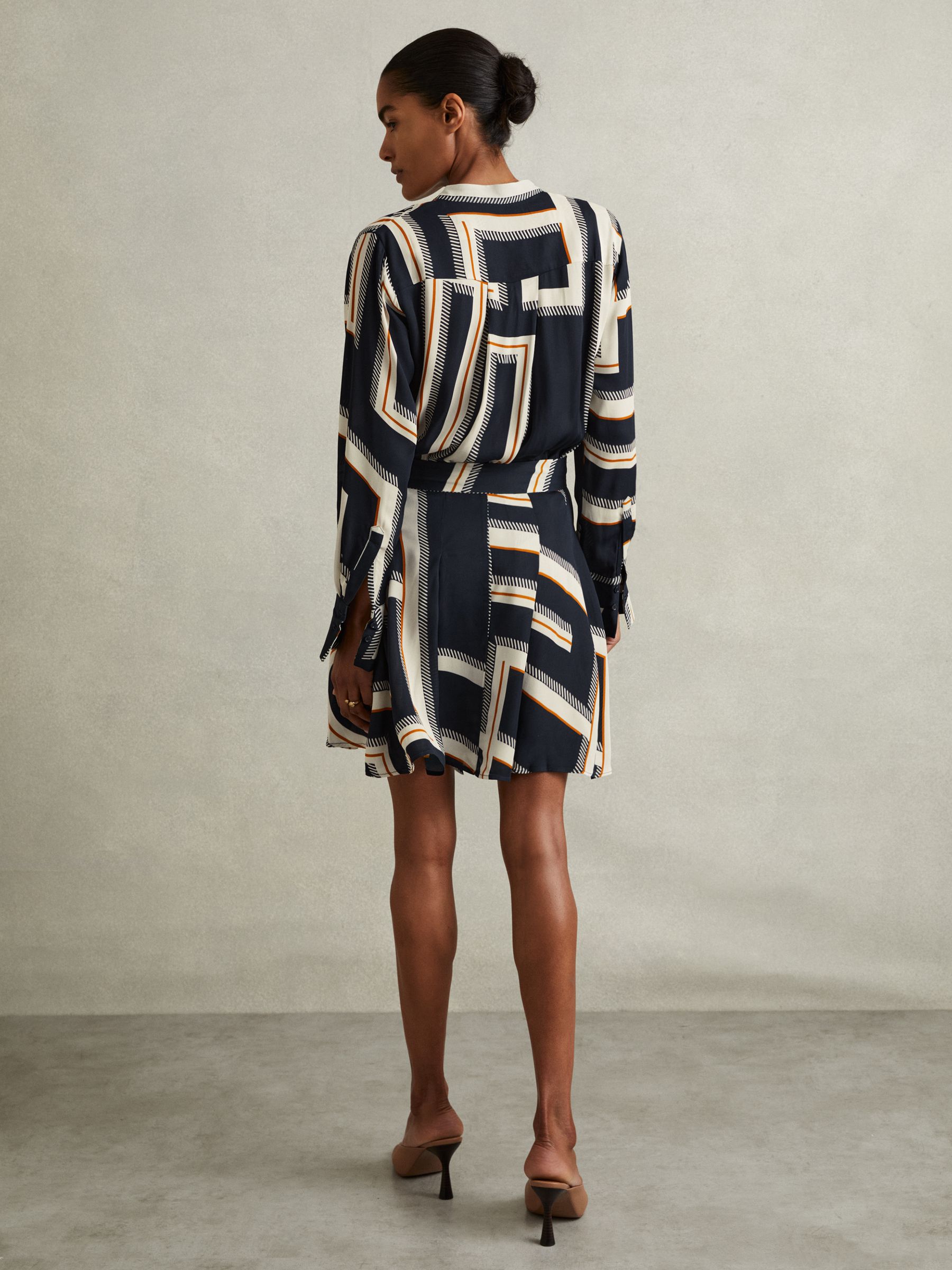 Reiss Ciara Navy Geometric Print Belted Mini Dress - REISS