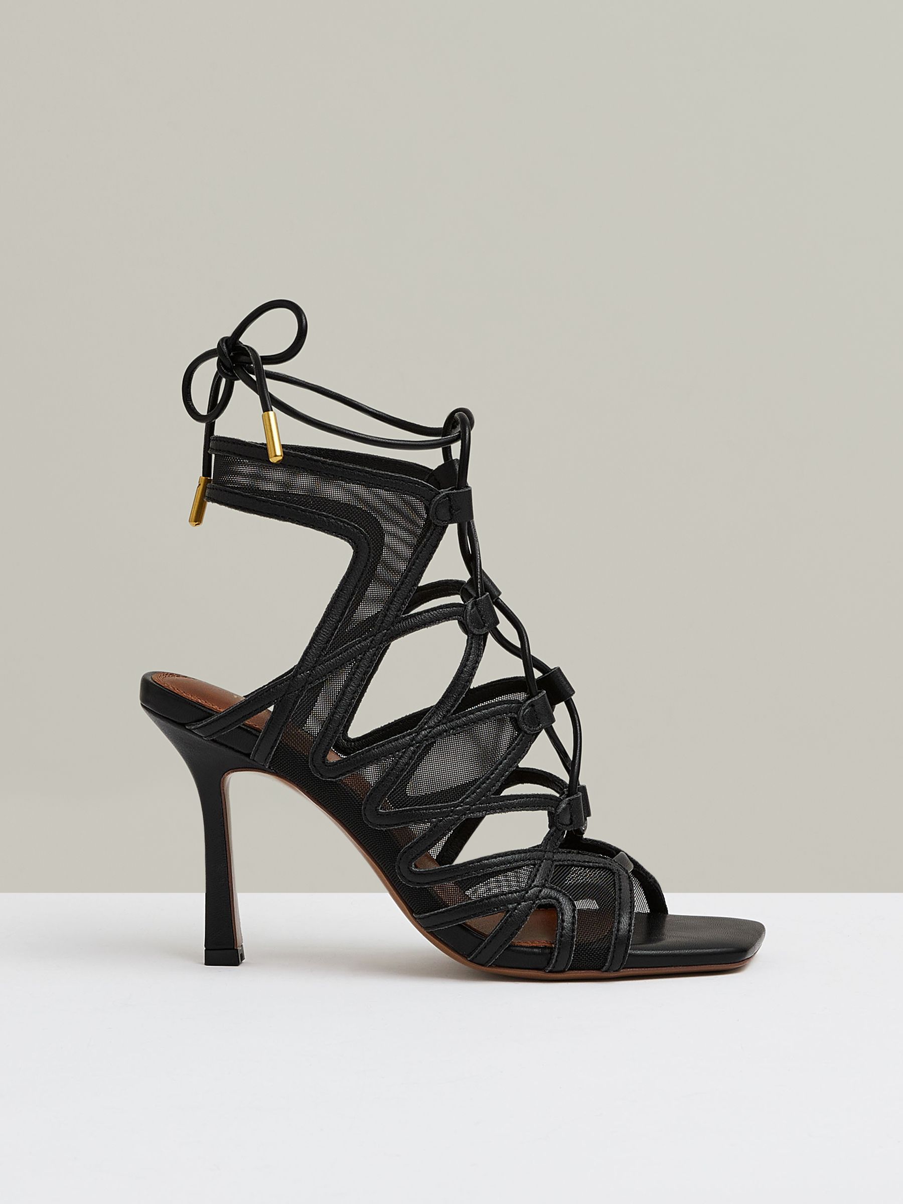 Reiss Mesh Leather Strappy Heels in Black - REISS
