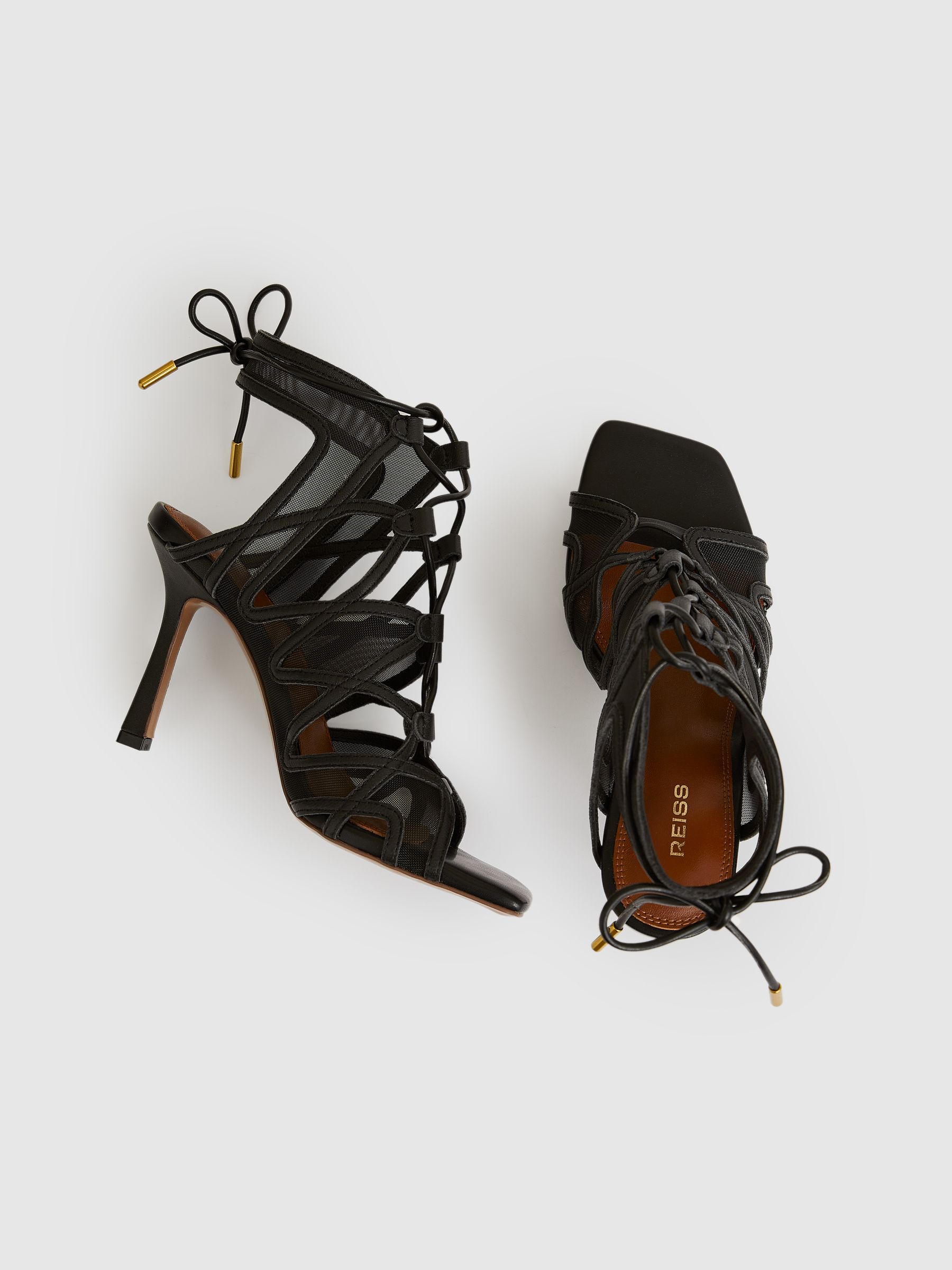 Reiss Mesh Leather Strappy Heels in Black - REISS