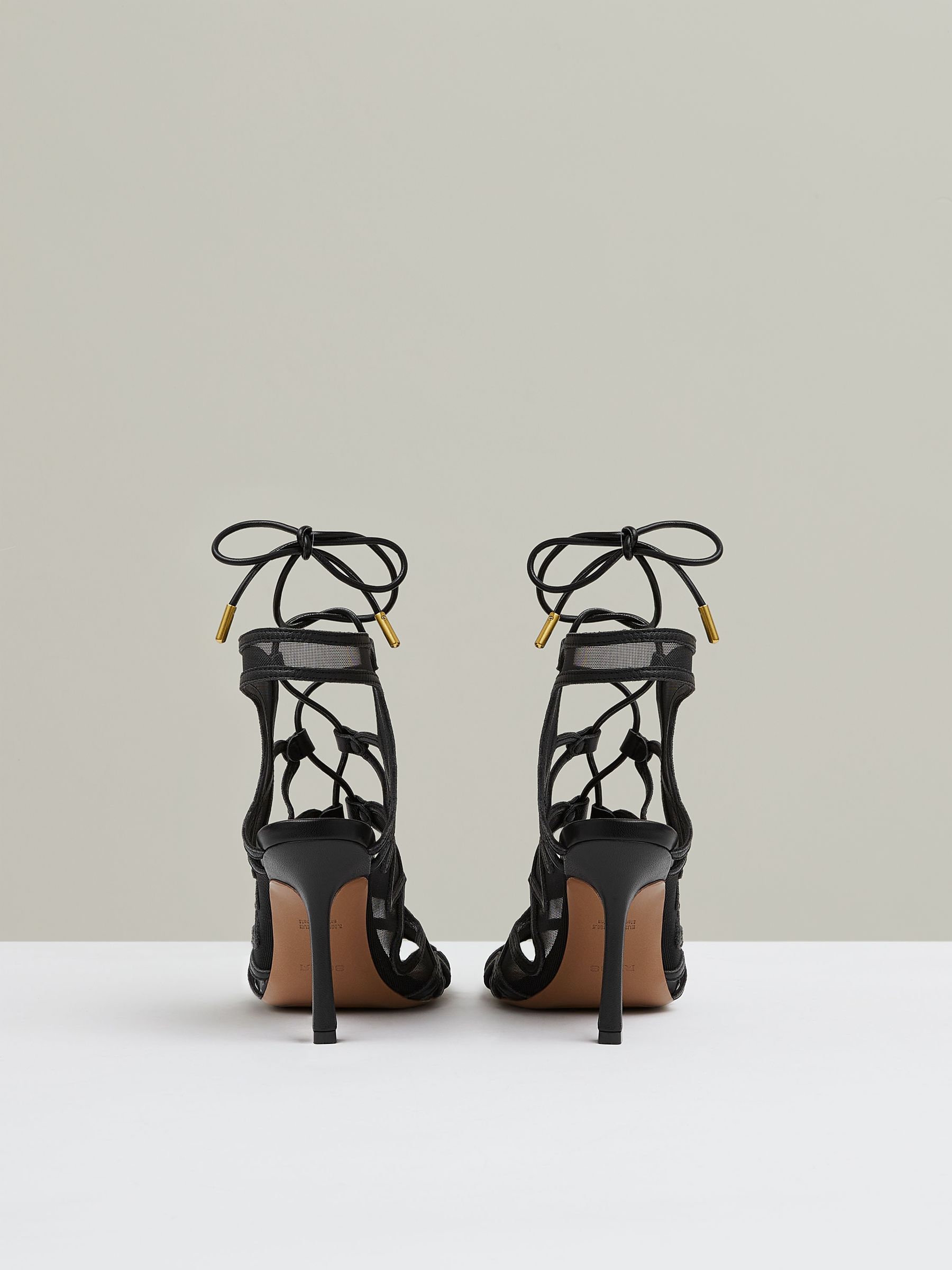 Reiss Mesh Leather Strappy Heels in Black - REISS