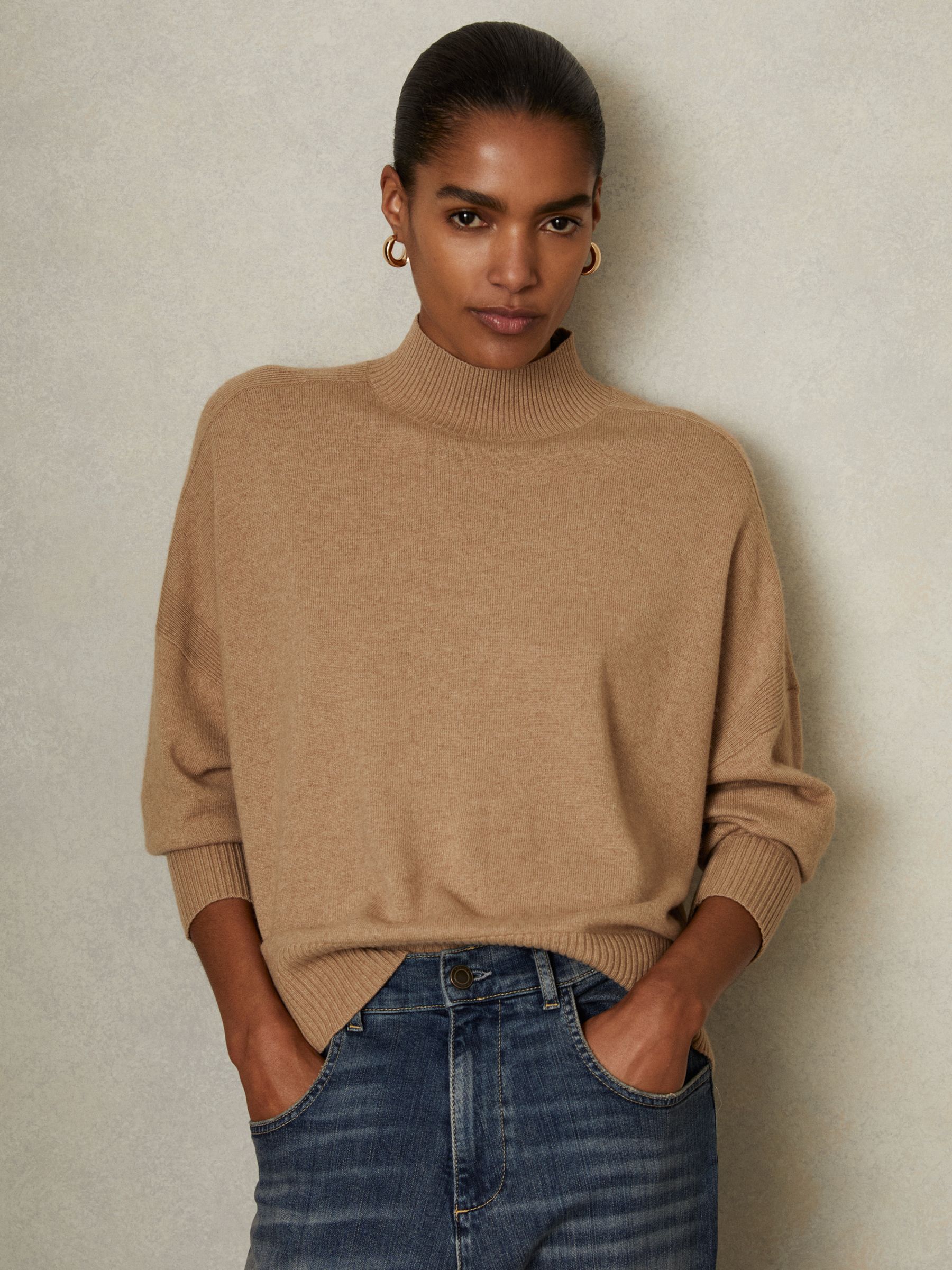 Reiss Wool Blend Funnel Neck Jumper in Camel - REISS