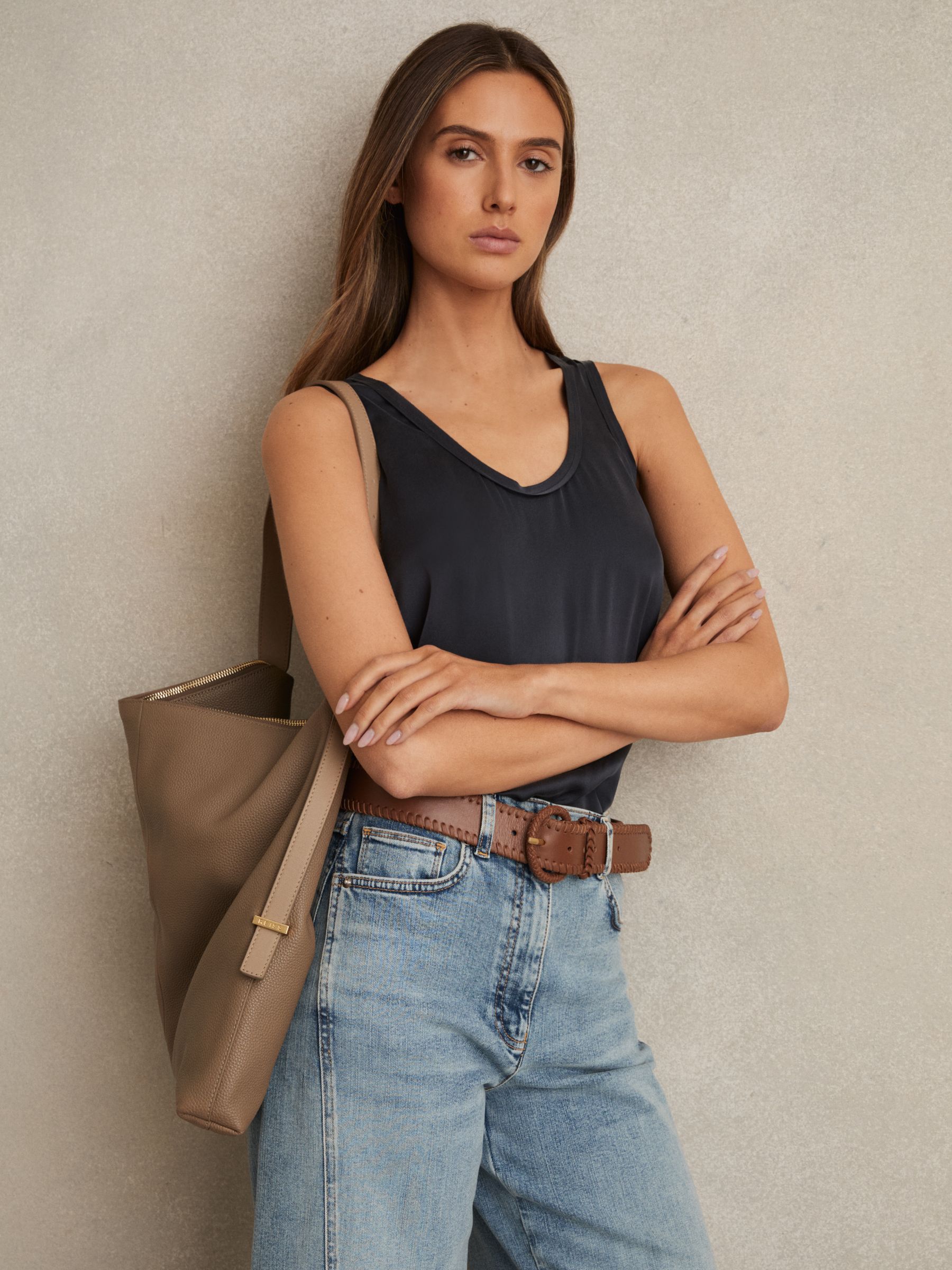 Reiss Grained Leather Tote Bag in Taupe - REISS