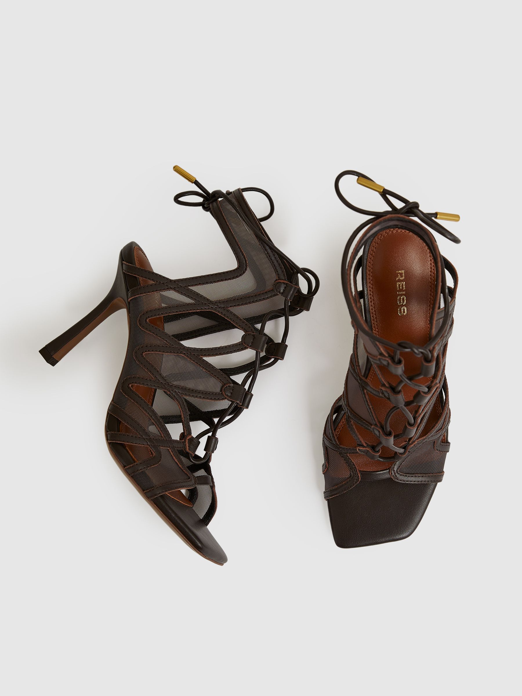 Reiss Mesh Leather Strappy Heels in Chocolate - REISS