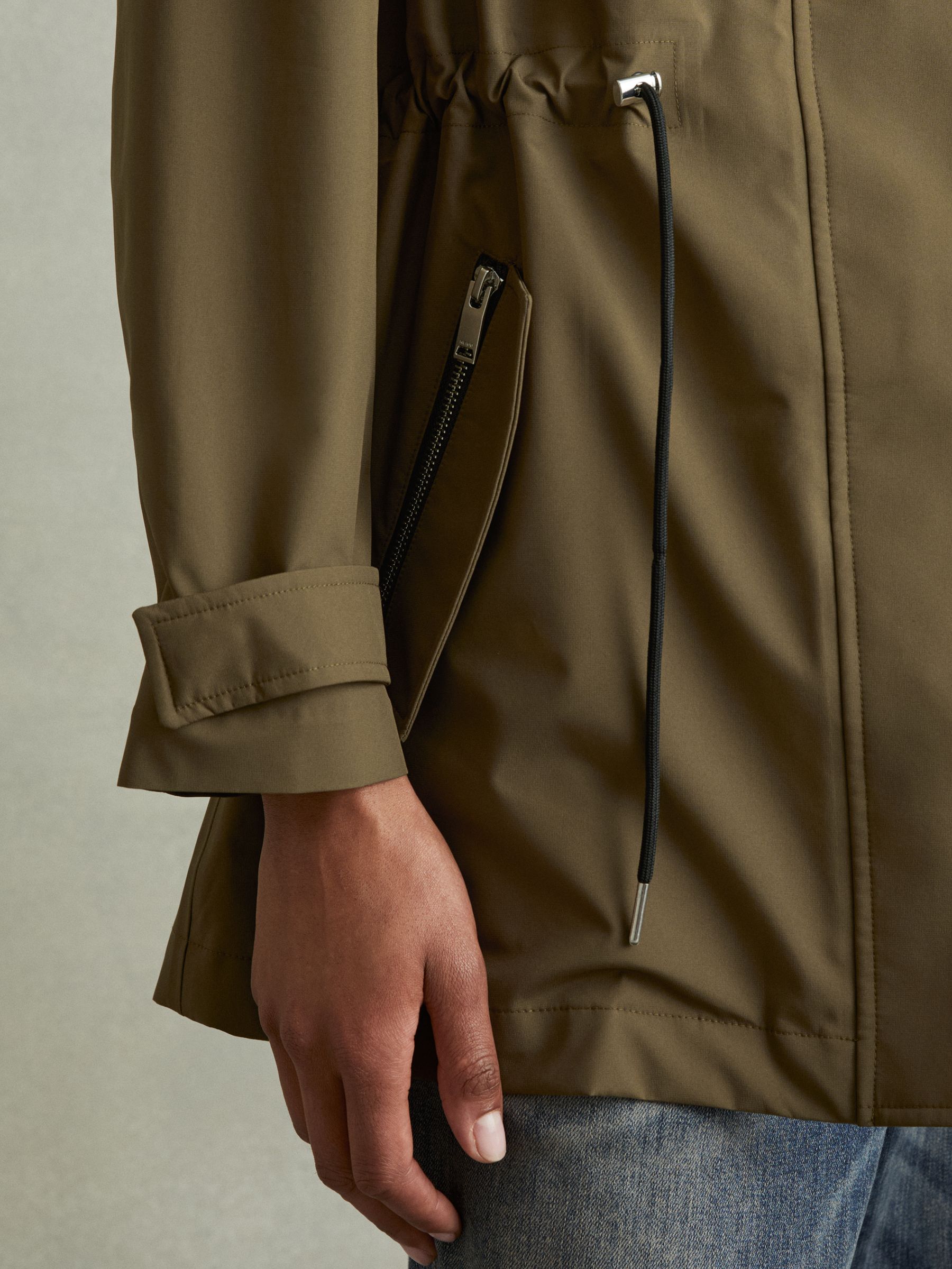 Reiss Removable Hooded Insert Water Repellent Raincoat in Khaki - REISS