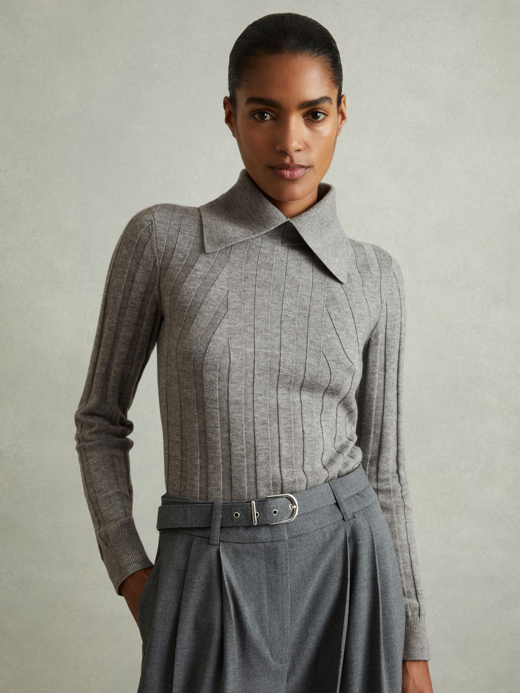 Reiss Ribbed Collared Top in Grey - REISS