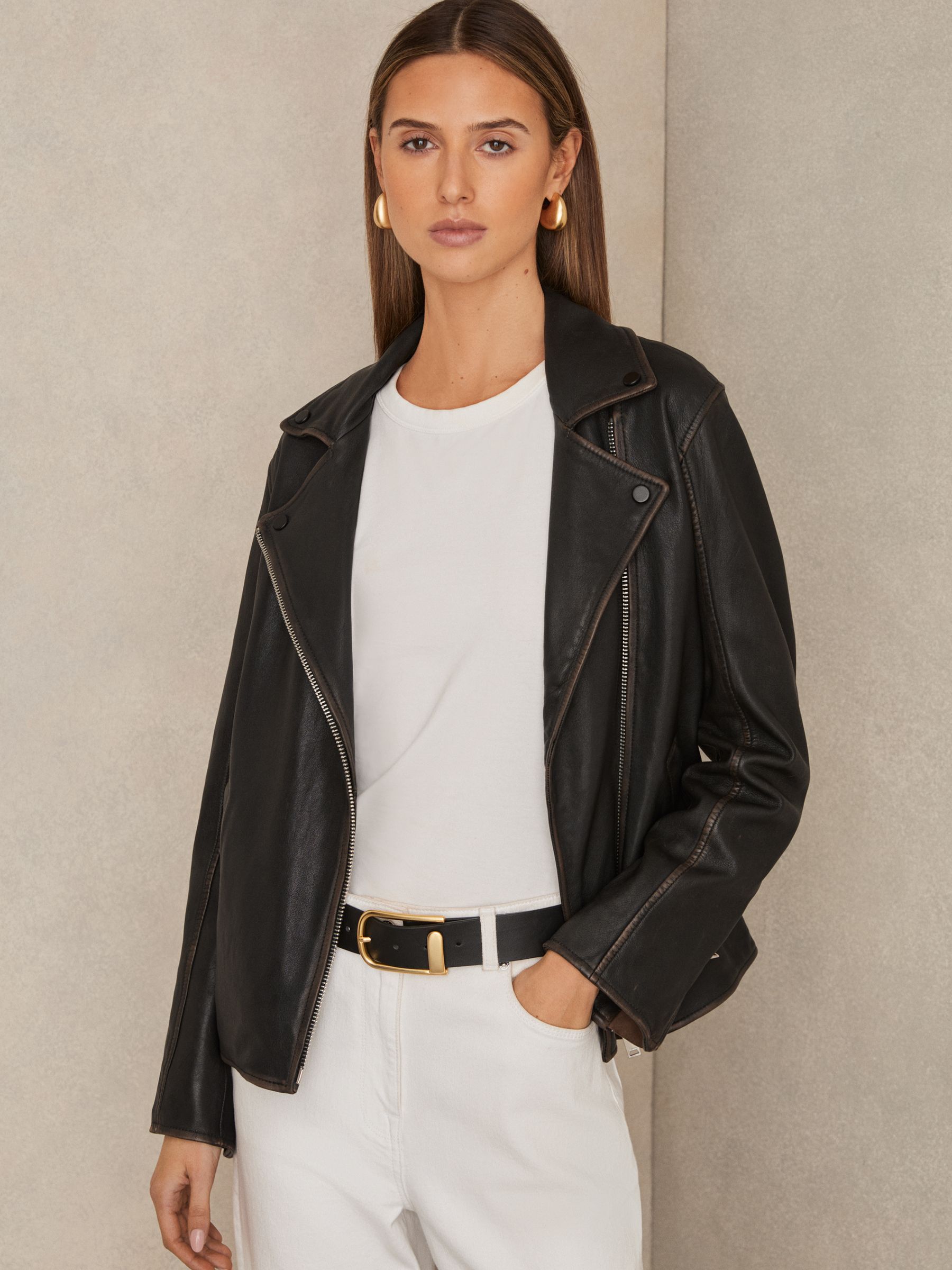 Reiss Beau Black Relaxed Leather Biker Jacket | REISS