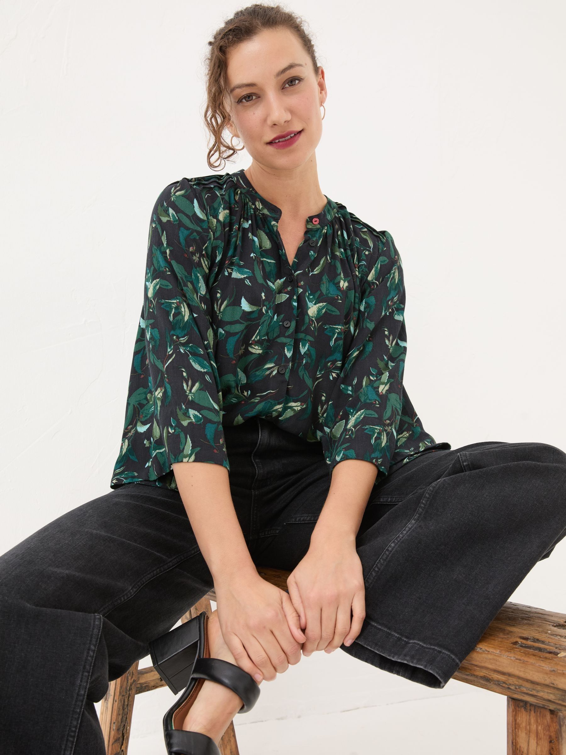 Black Dark Skies Tia Button Longline Blouse | FatFace