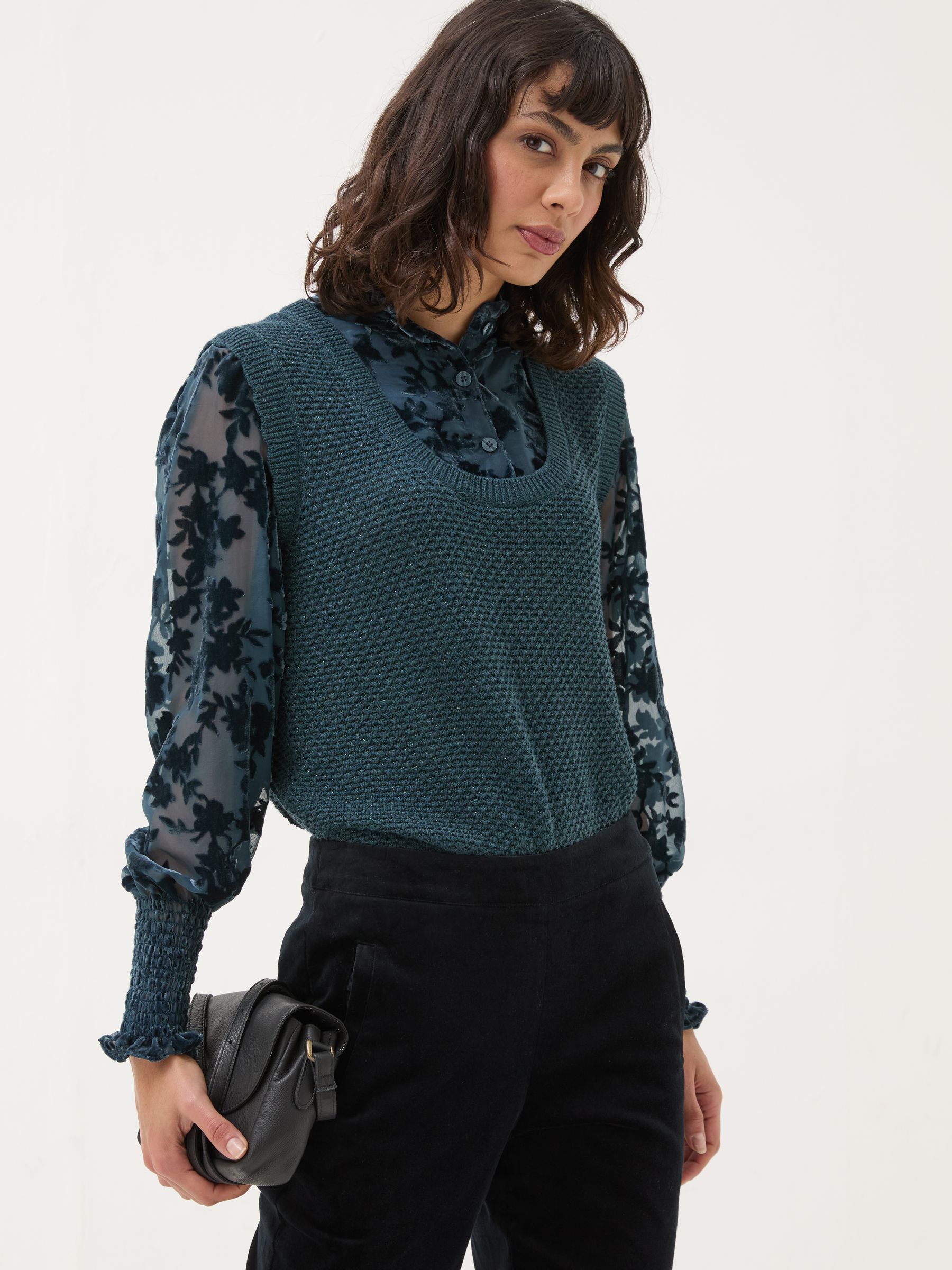 Dark Teal Hadley 2 in 1 Devore Jumper | FatFace