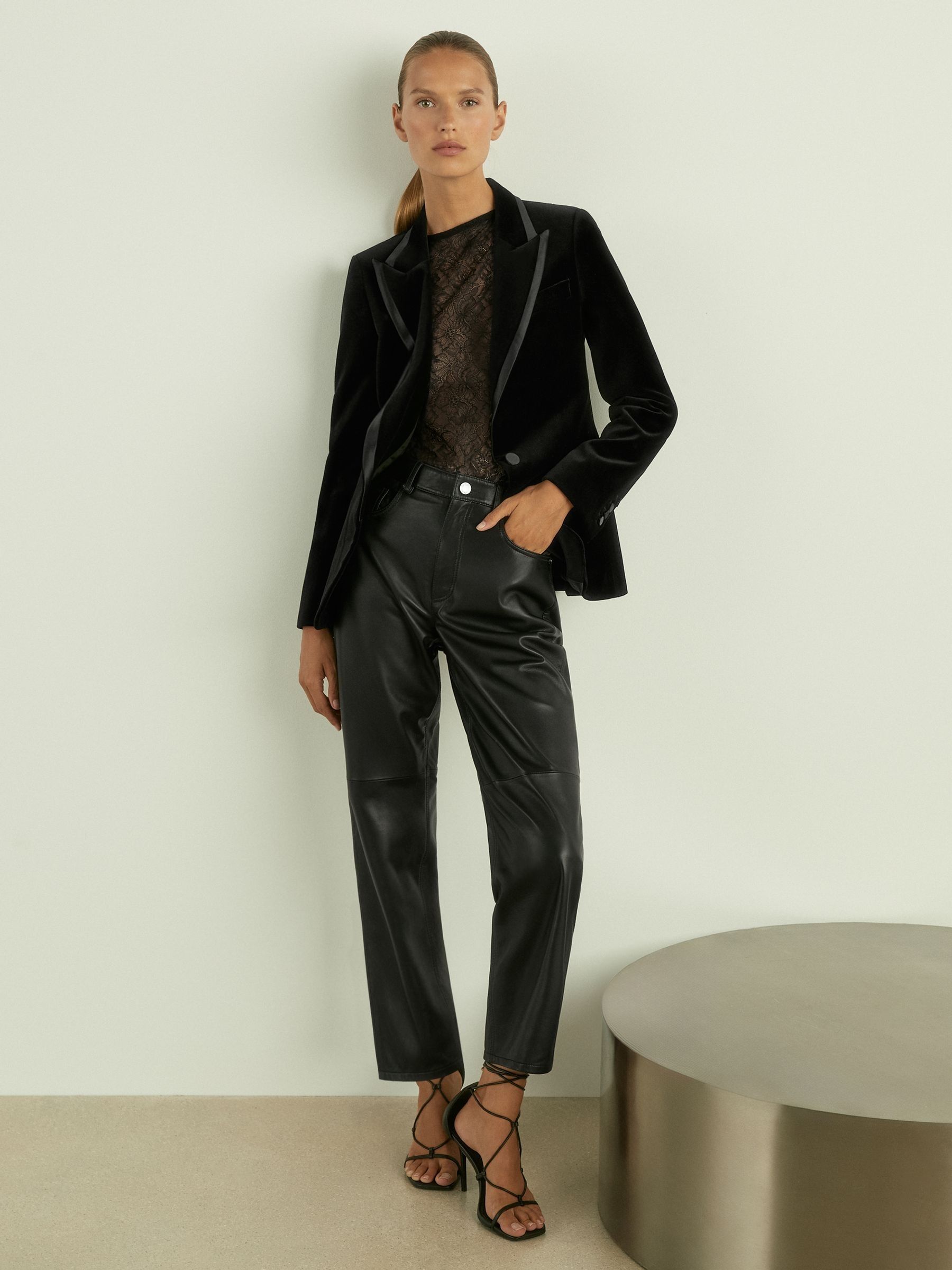 Reiss Petite Velvet and Satin Single Breasted Suit Jacket in Black - REISS