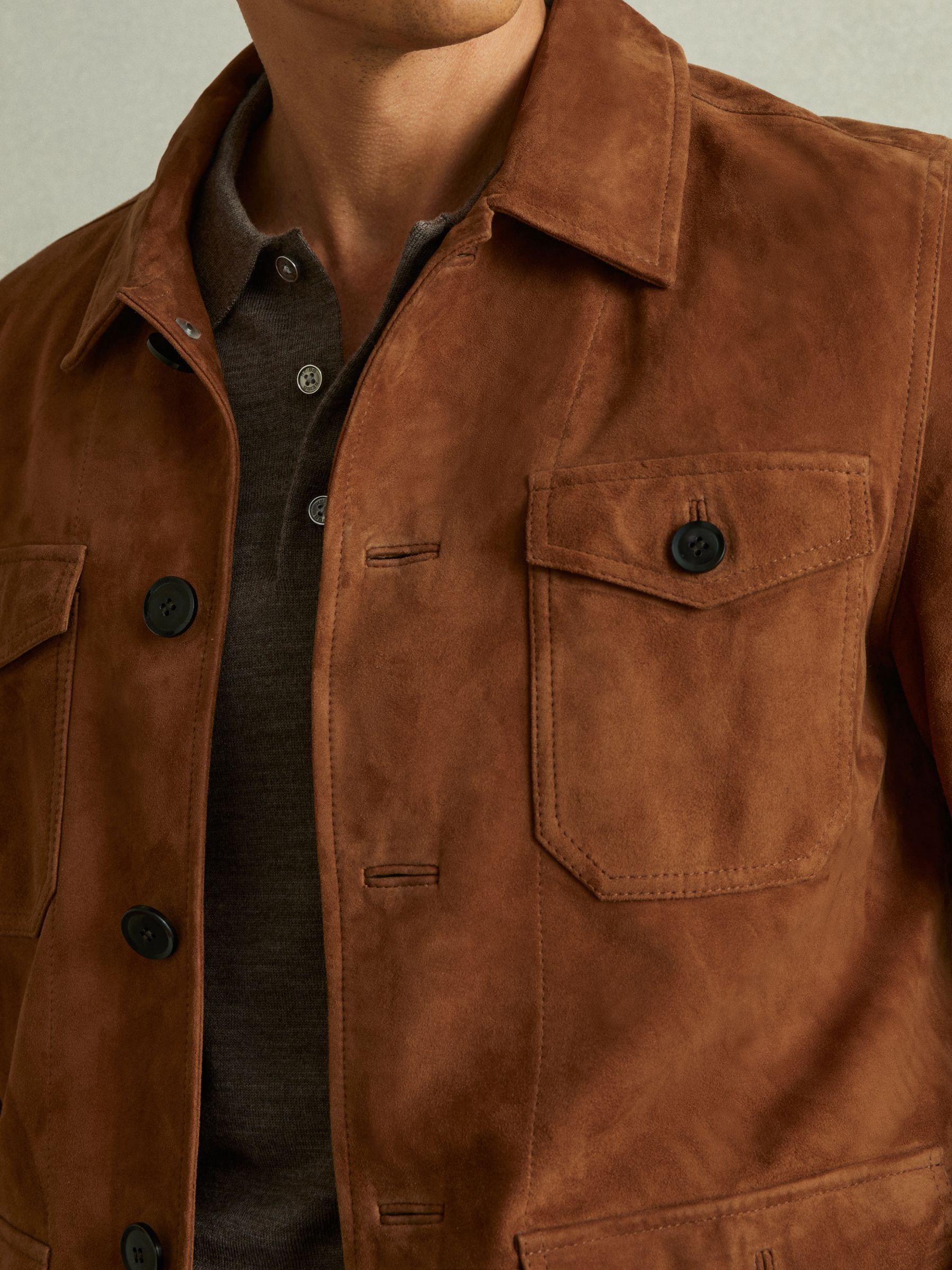 Reiss Clock Tobacco Brown Suede Front Pocket Jacket | REISS