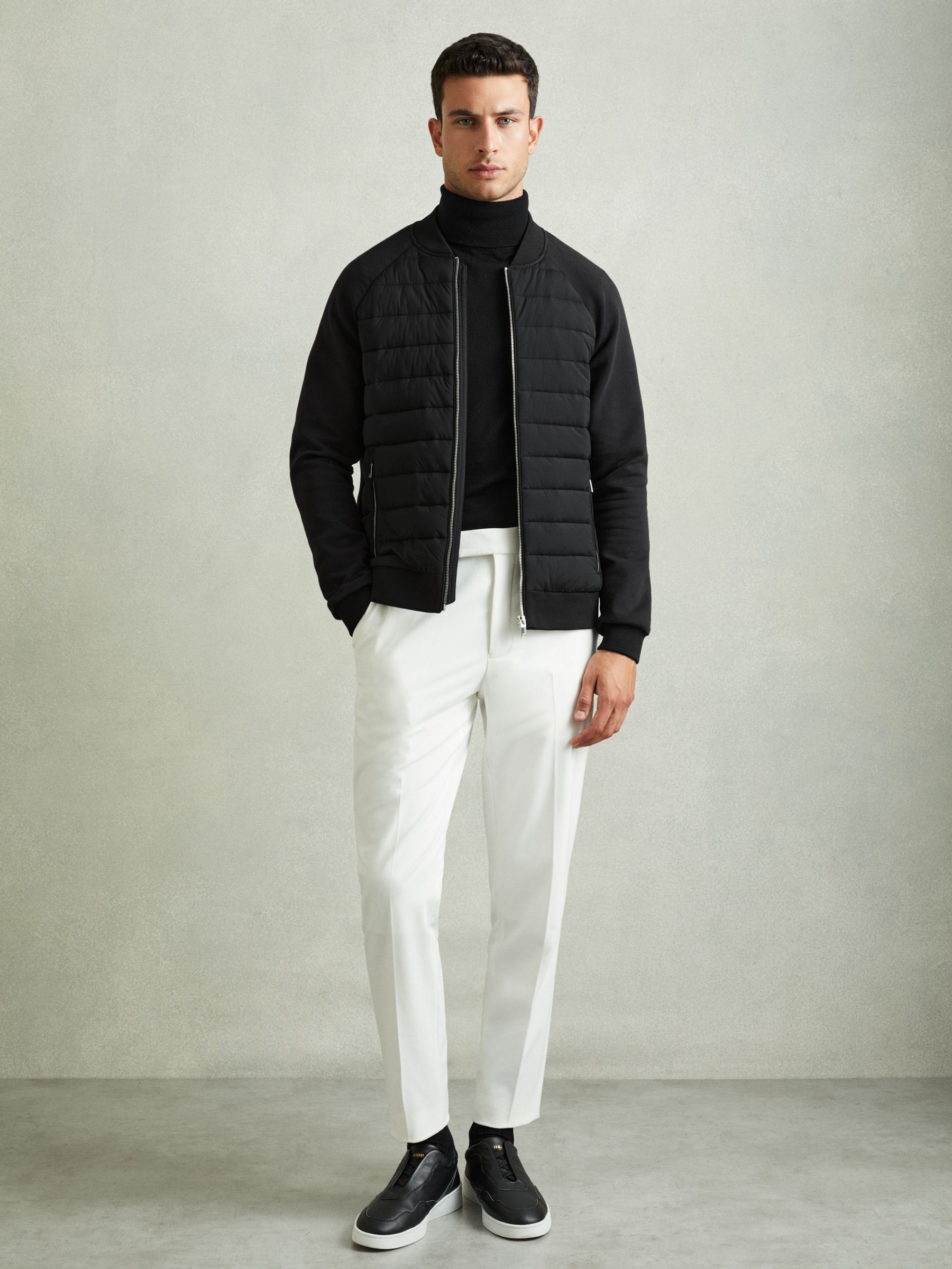 Reiss Hybrid Quilt Raglan-Sleeve Bomber Jacket in Black | REISS