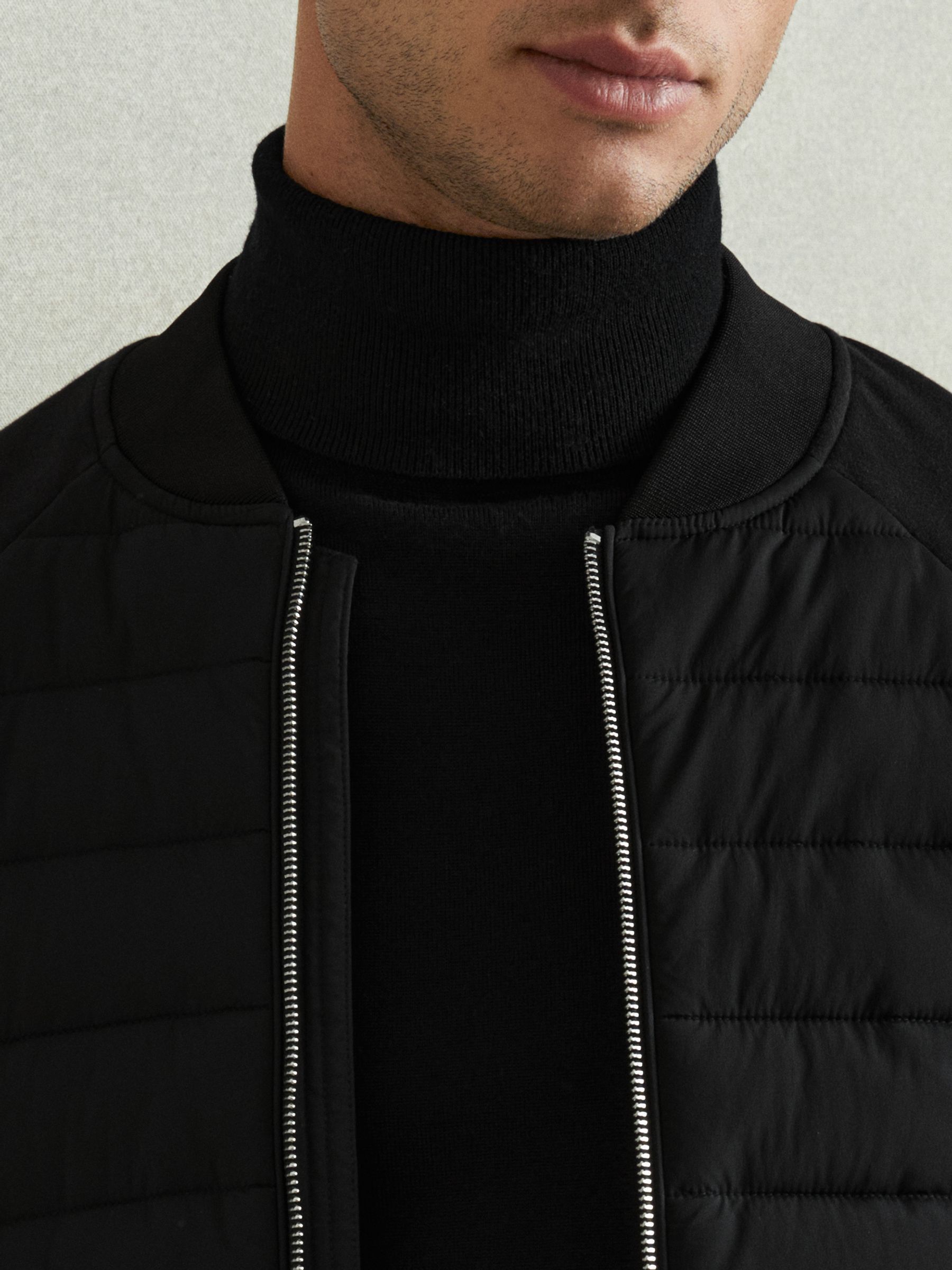 Reiss Hybrid Quilt Raglan-Sleeve Bomber Jacket in Black | REISS