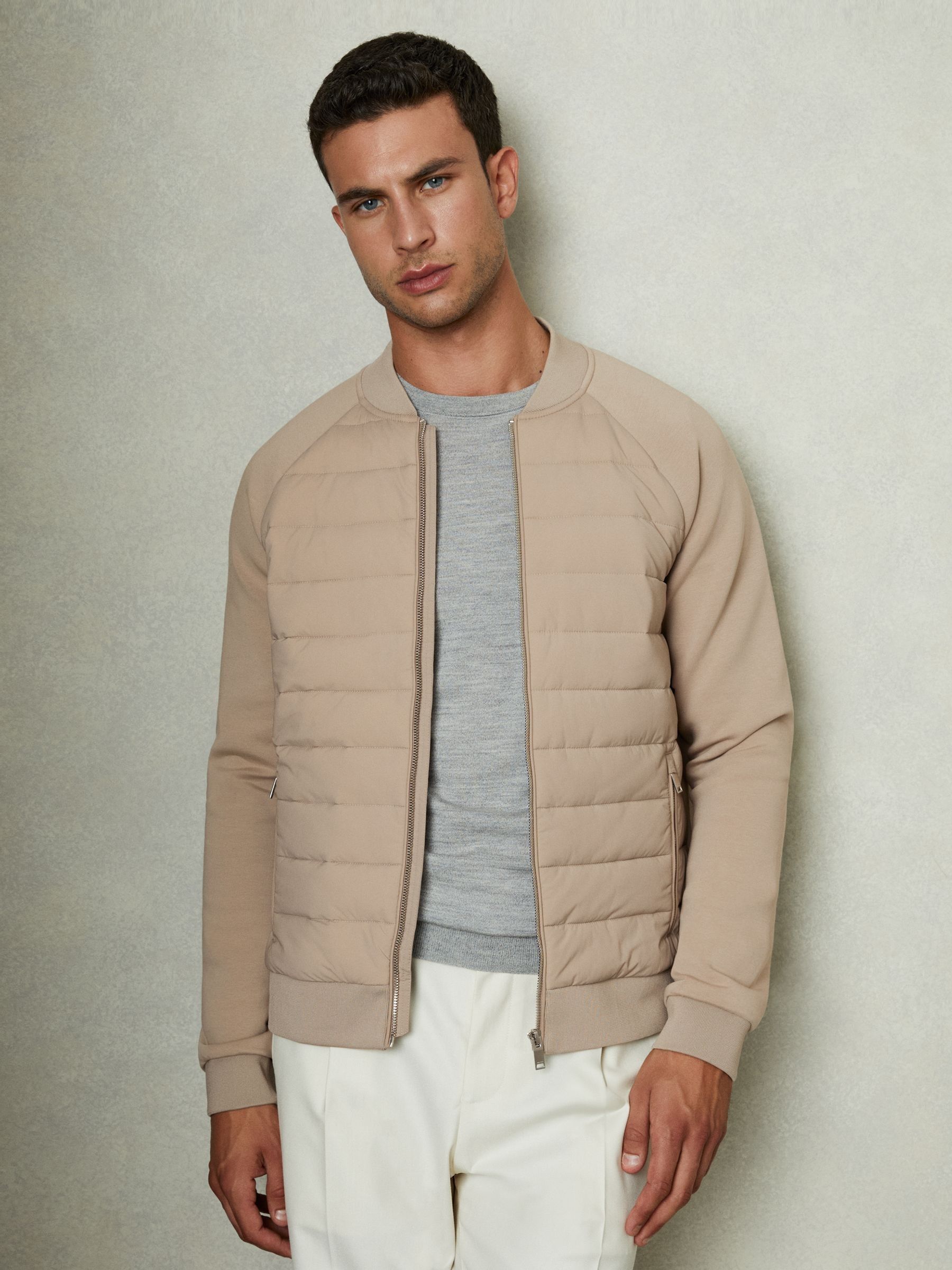 Reiss Hybrid Quilt Raglan-Sleeve Bomber Jacket in Biscuit Brown | REISS