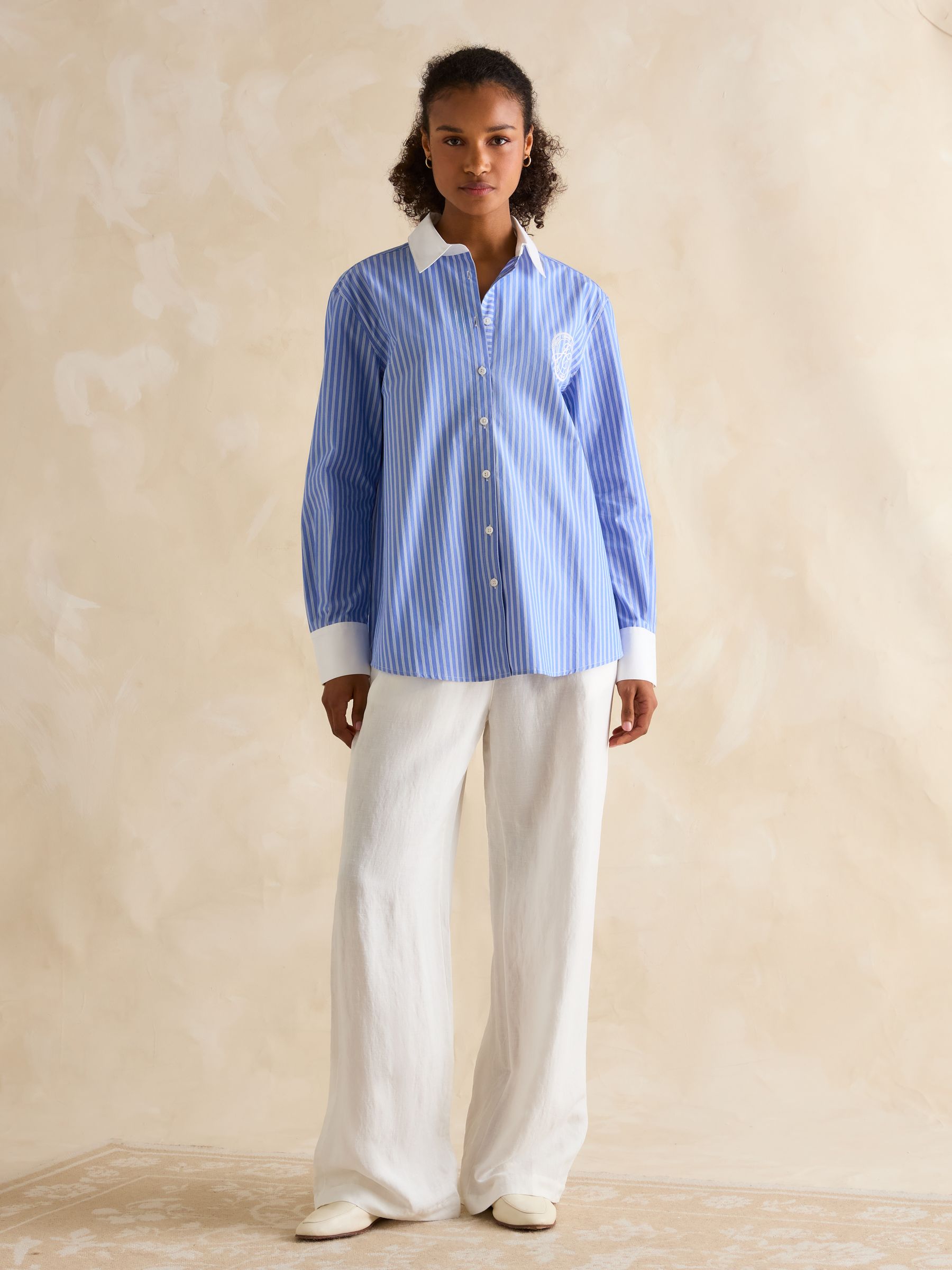 Amilla Blue & White Embroidery Longline Relaxed Fit Shirt | Joules