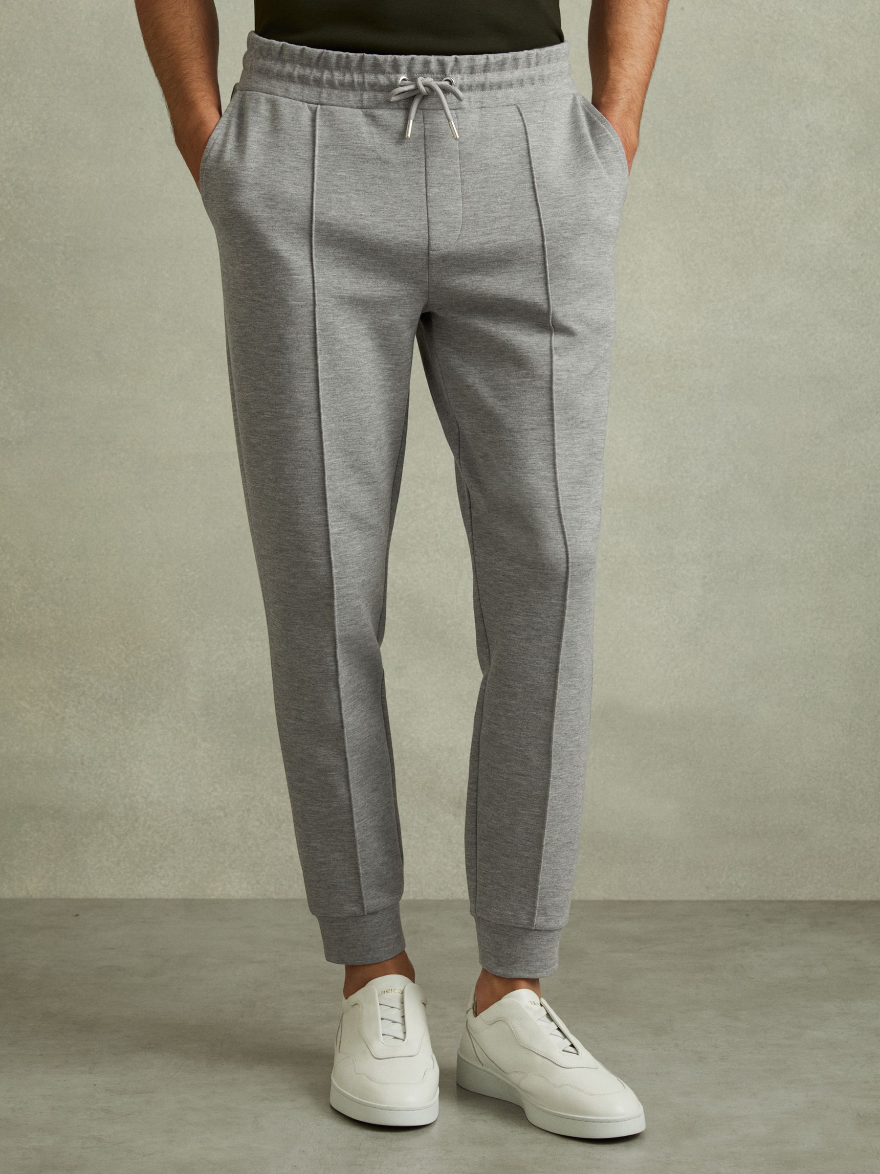 Reiss Interlock-Jersey Drawstring Joggers in Grey Melange | REISS