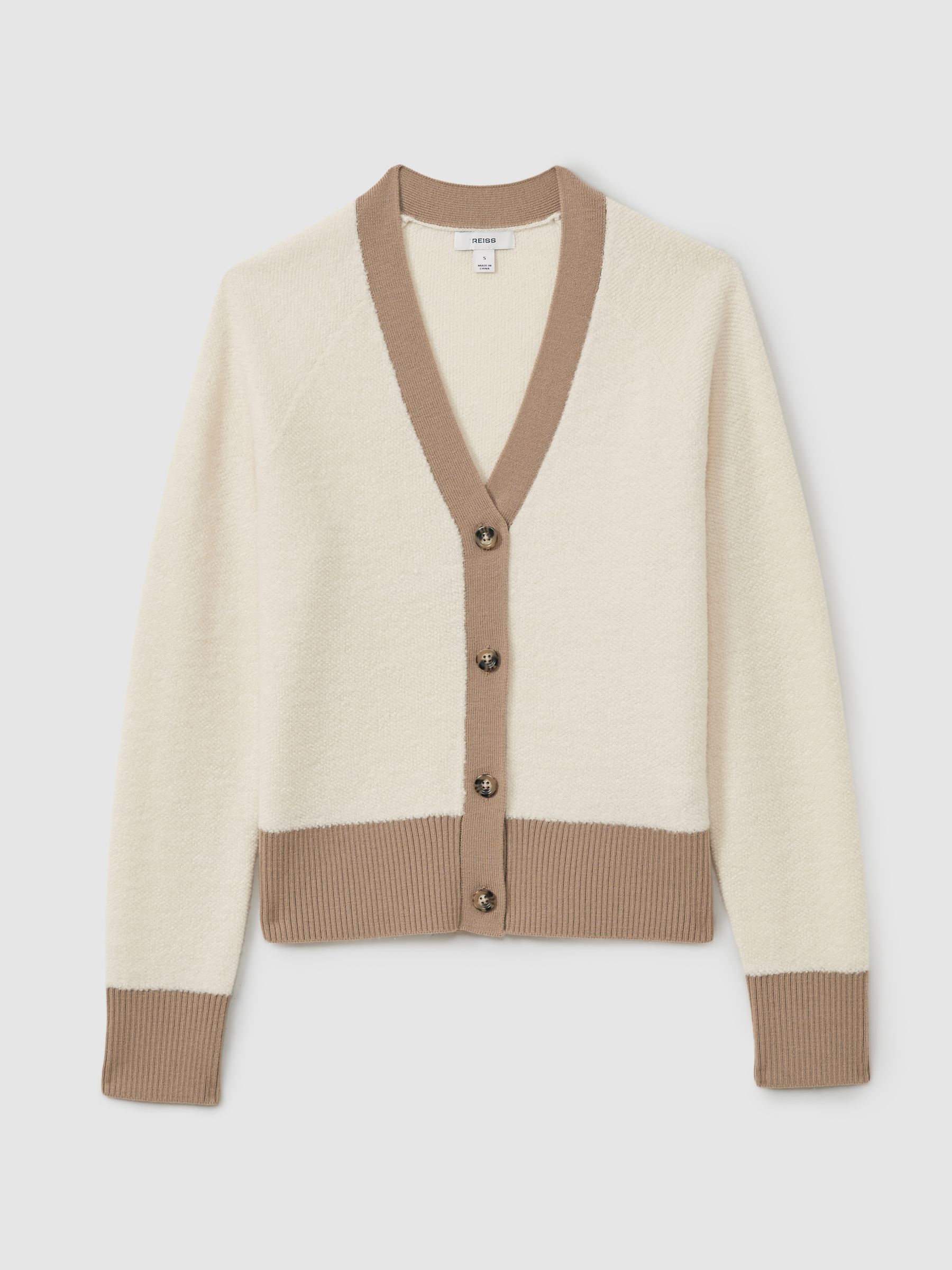 Reiss Wool Colourblock Cardigan in Cream/Camel - REISS