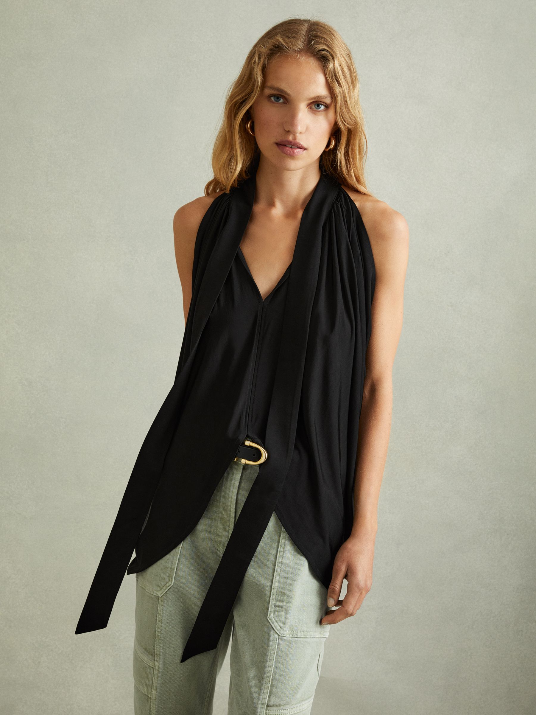Reiss Draped Tie Neck Top in Black - REISS