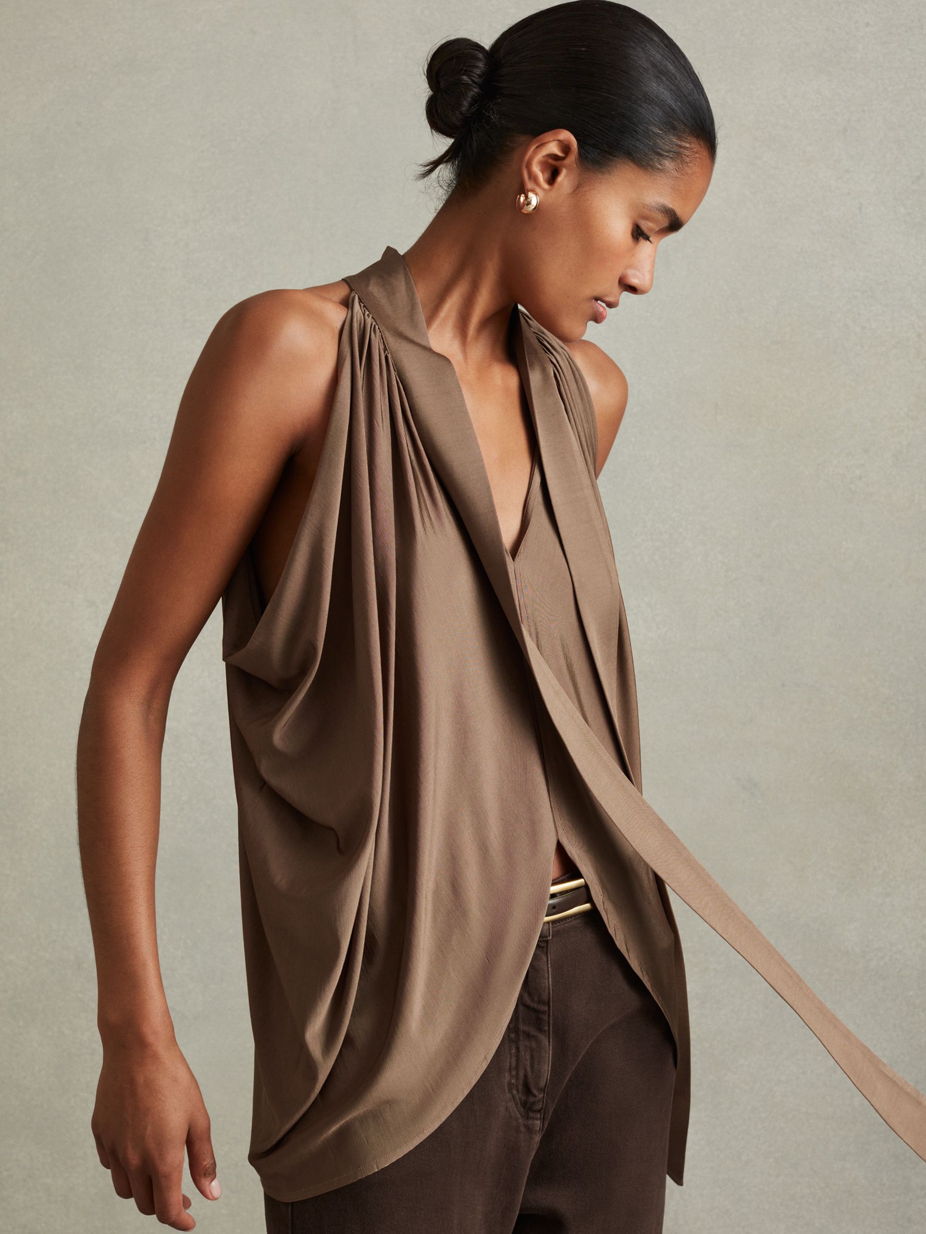 Reiss Draped Tie Neck Top in Dark Mink | REISS