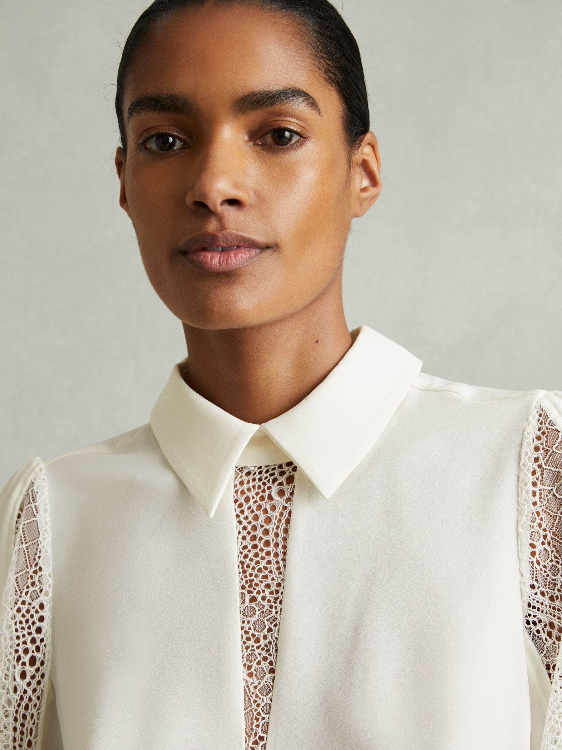 Reiss Lace Insert Blouse in Cream - REISS