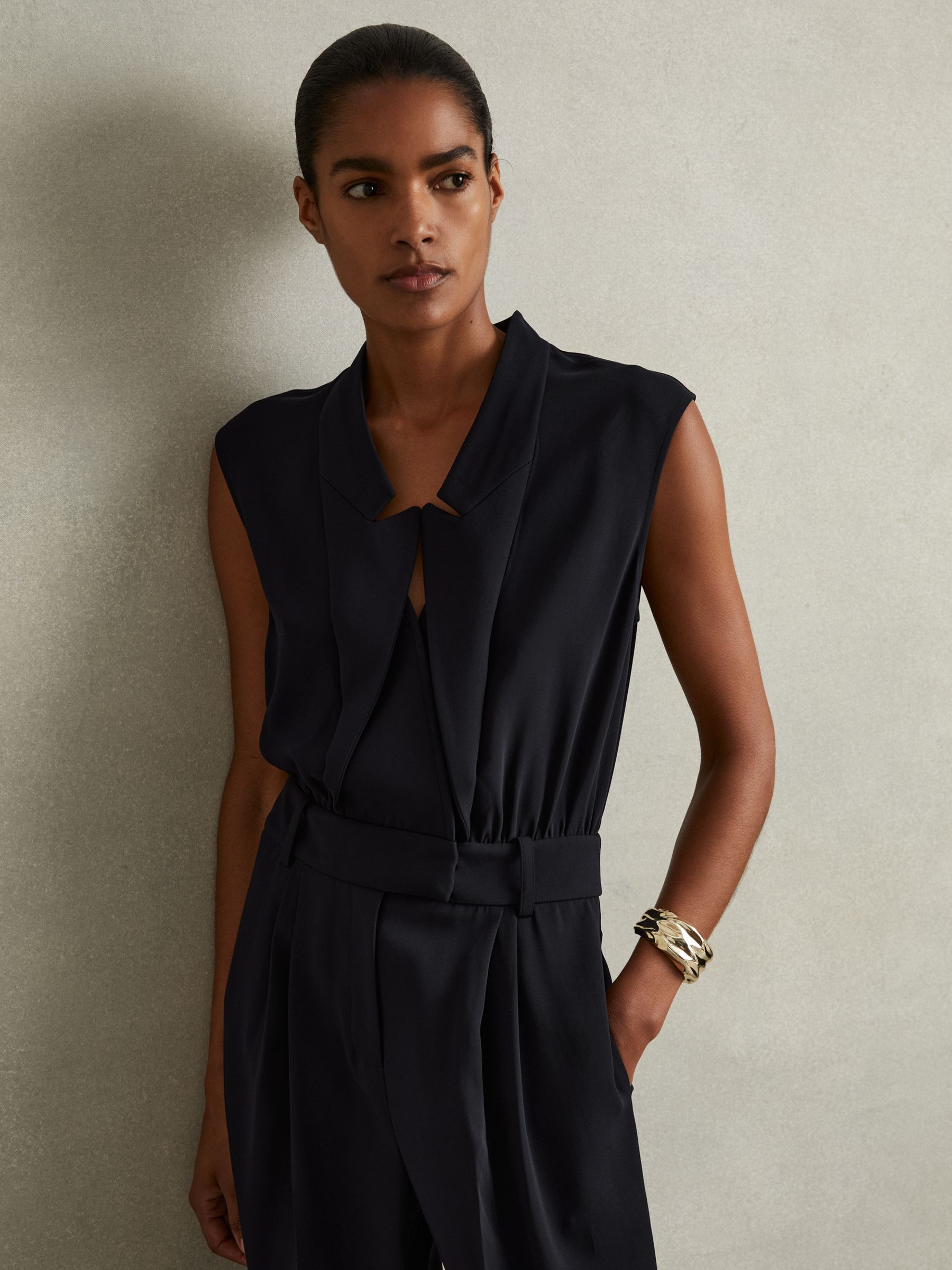 Reiss Sara Navy Tux Pleated Jumpsuit - REISS