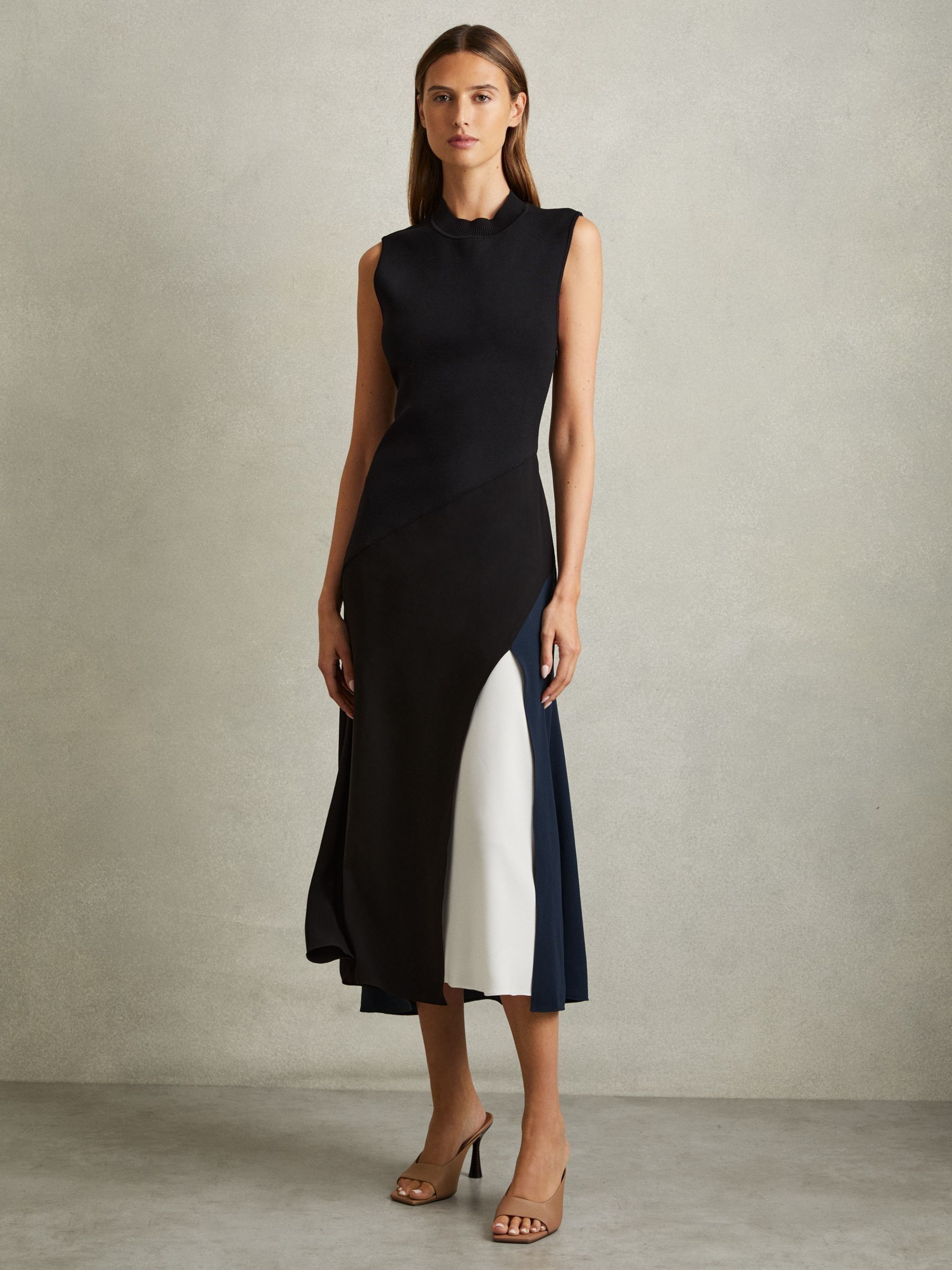 Reiss Hybrid Colourblock Midi Dress in Black - REISS