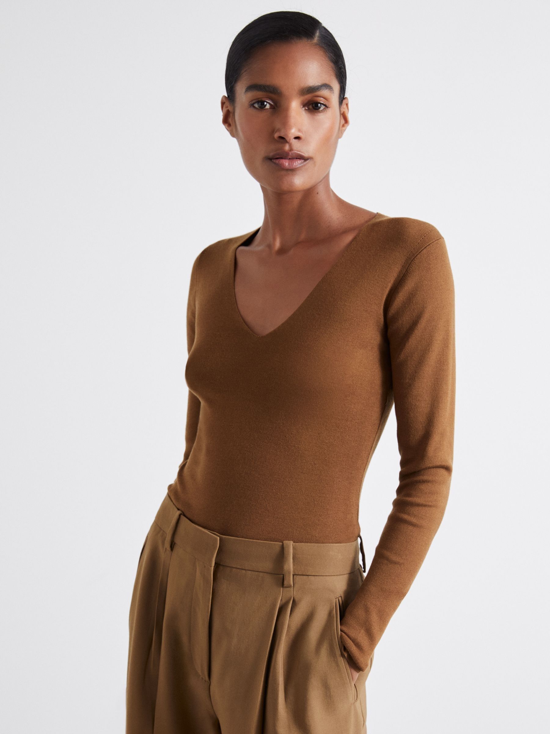 Reiss Atelier Knitted Silk-Blend Top in Chocolate - REISS