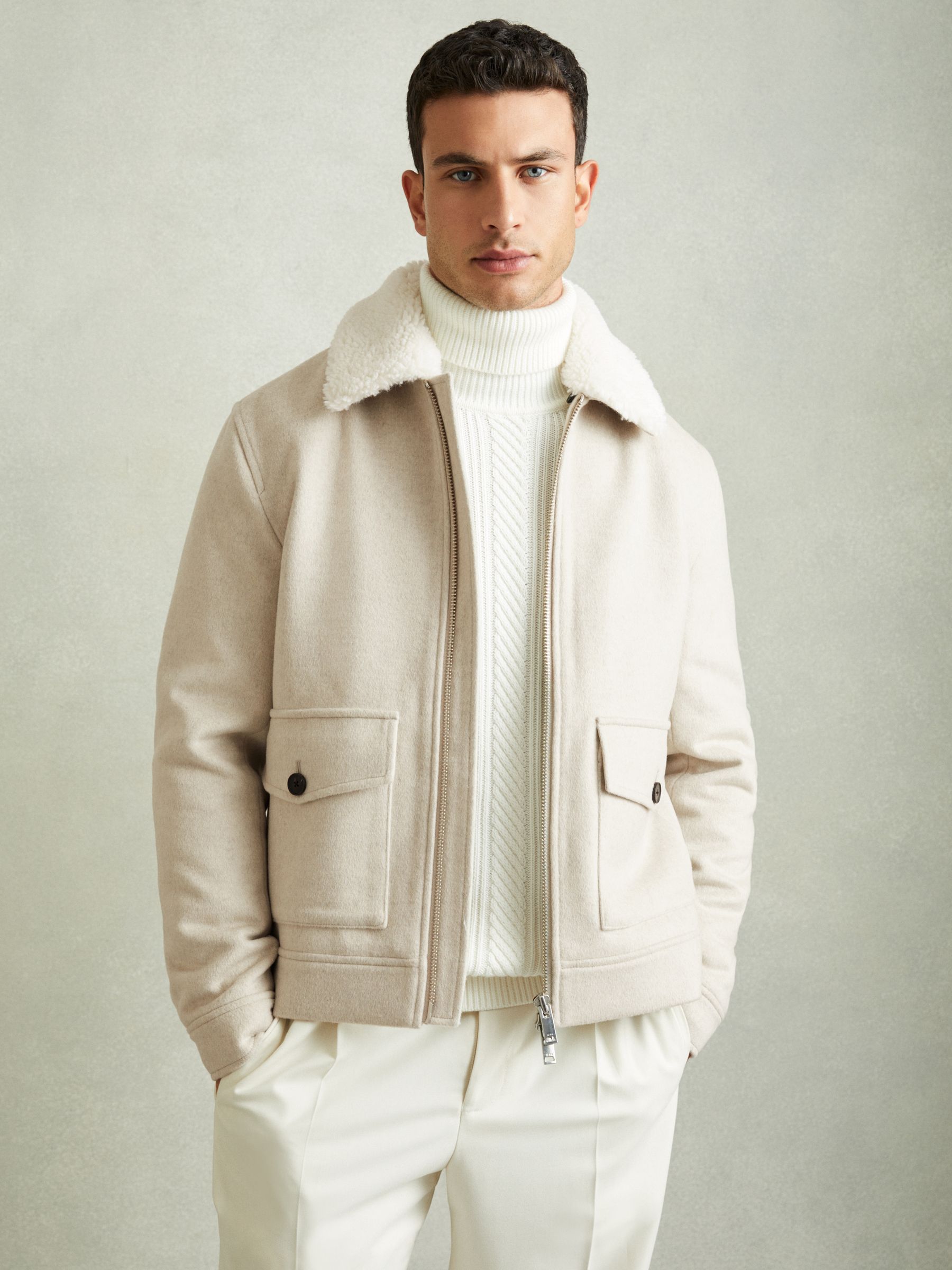 Reiss Wool Blend and Faux Shearling Jacket in Stone Melange - REISS