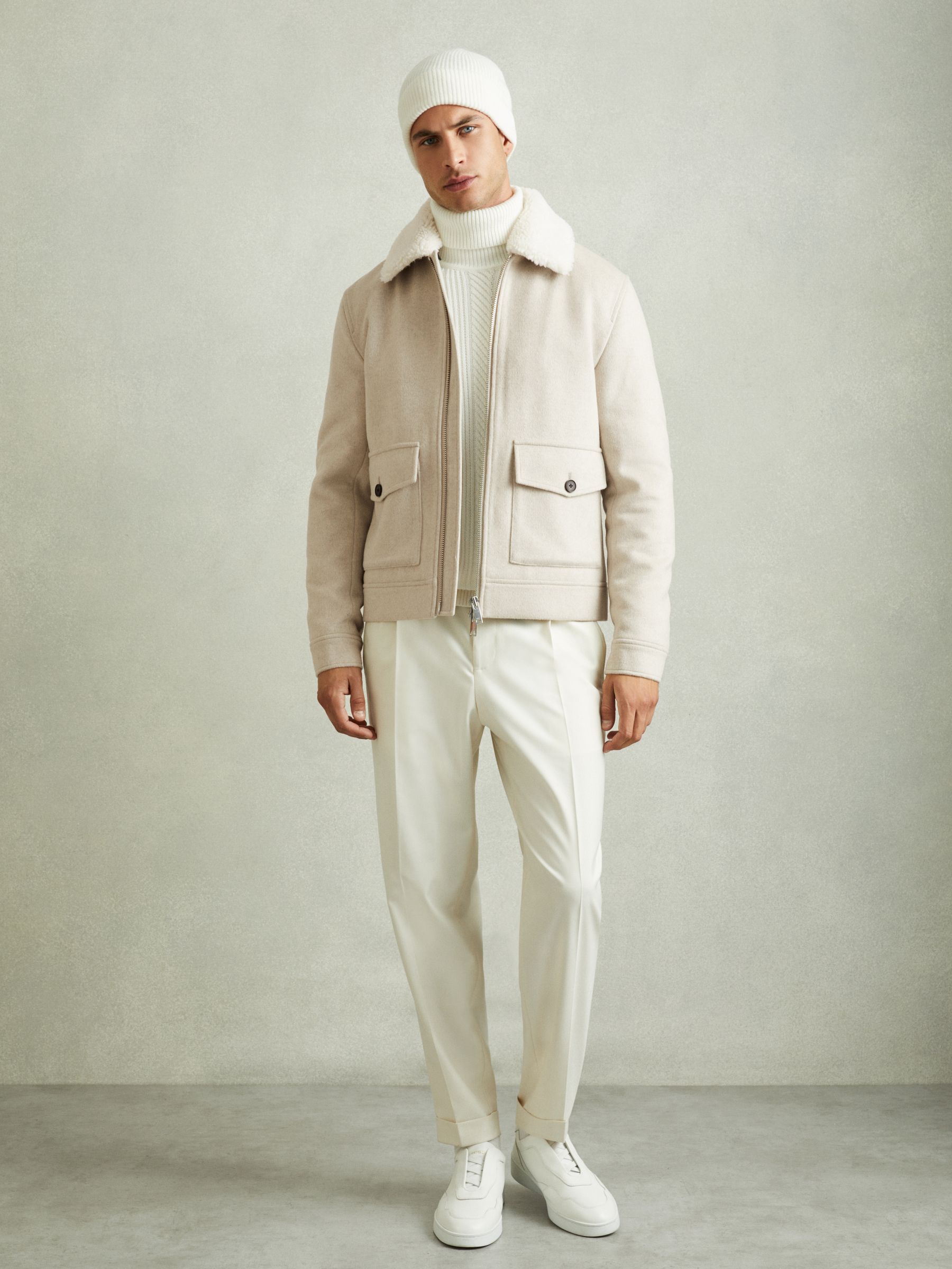Reiss Wool Blend and Faux Shearling Jacket in Stone Melange - REISS