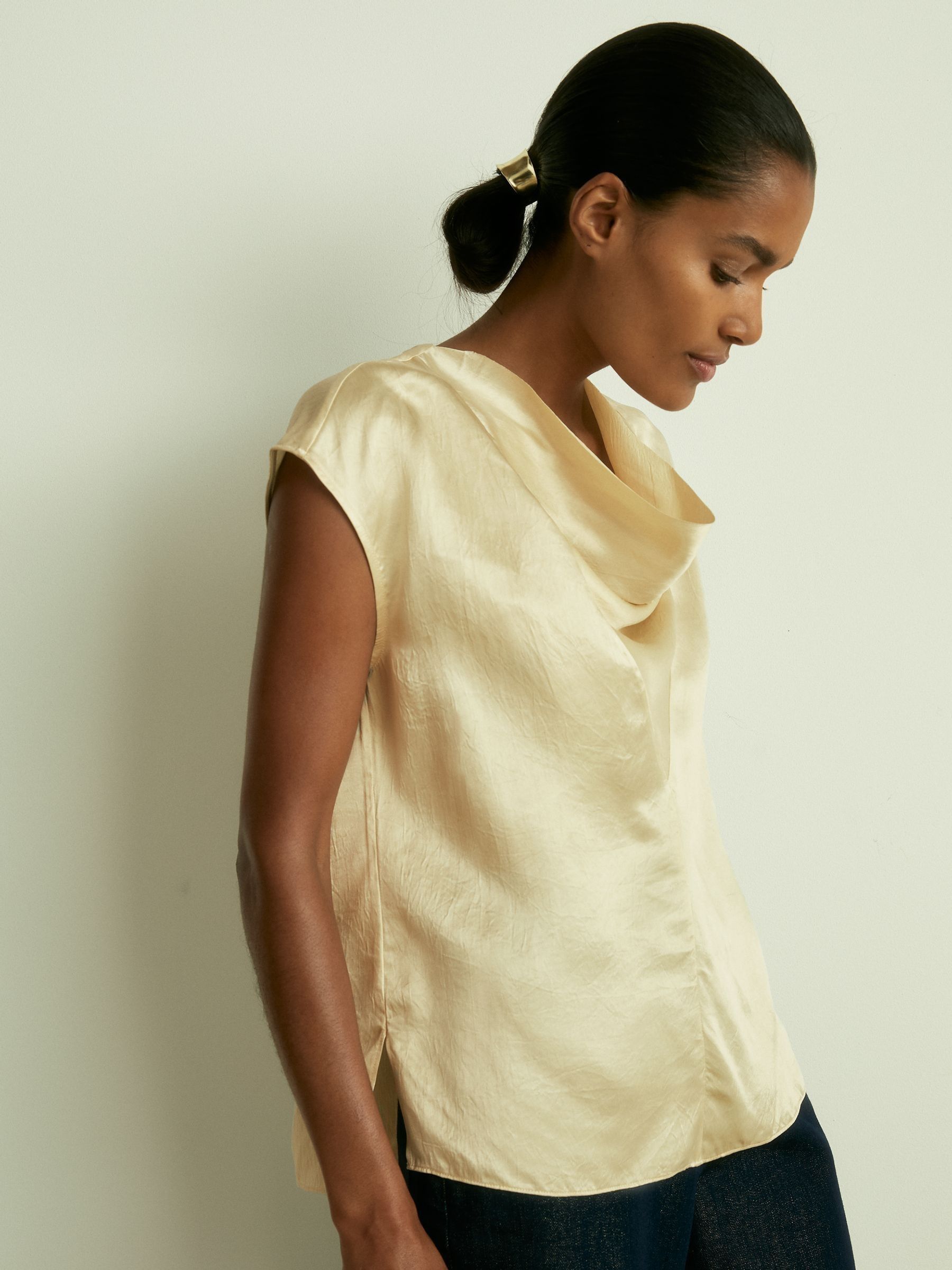Reiss Satin Cowl-Neck Top in Cream - REISS