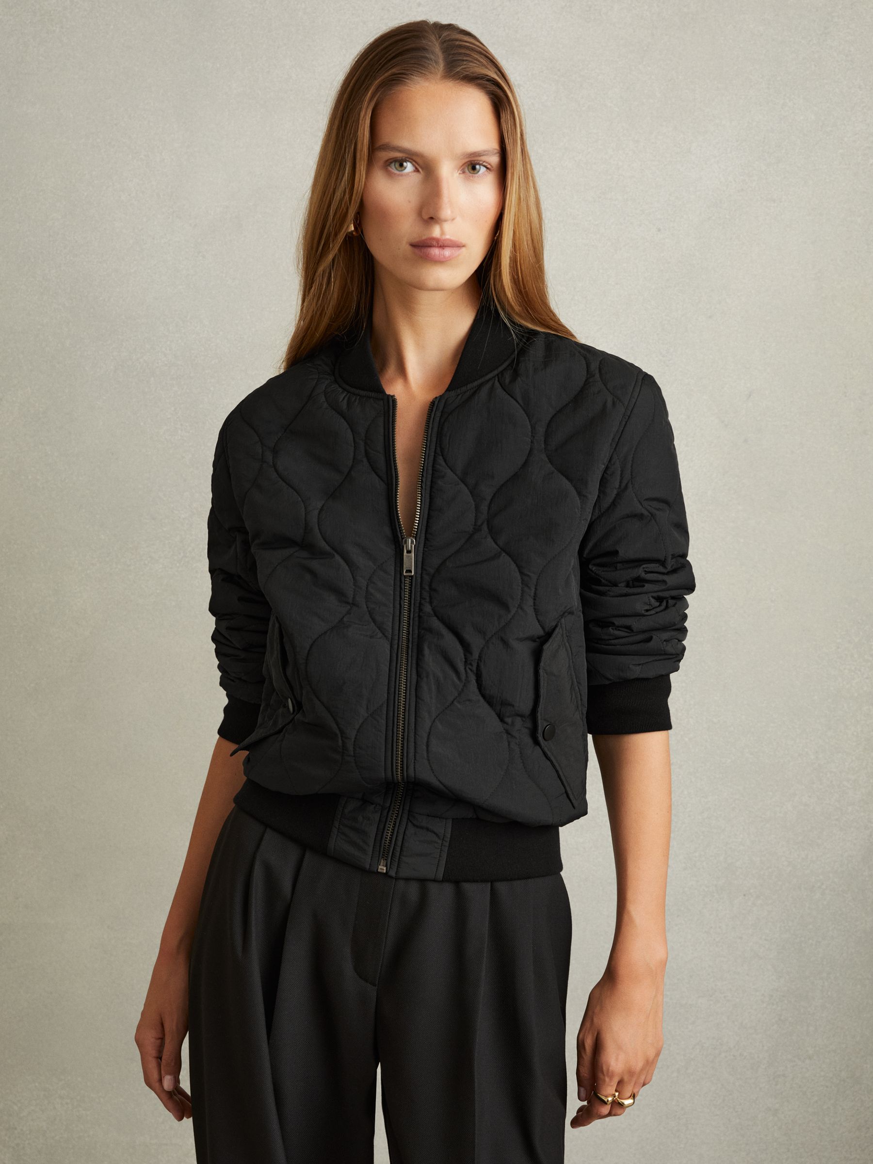 Reiss Quilted Bomber Jacket in Black | REISS