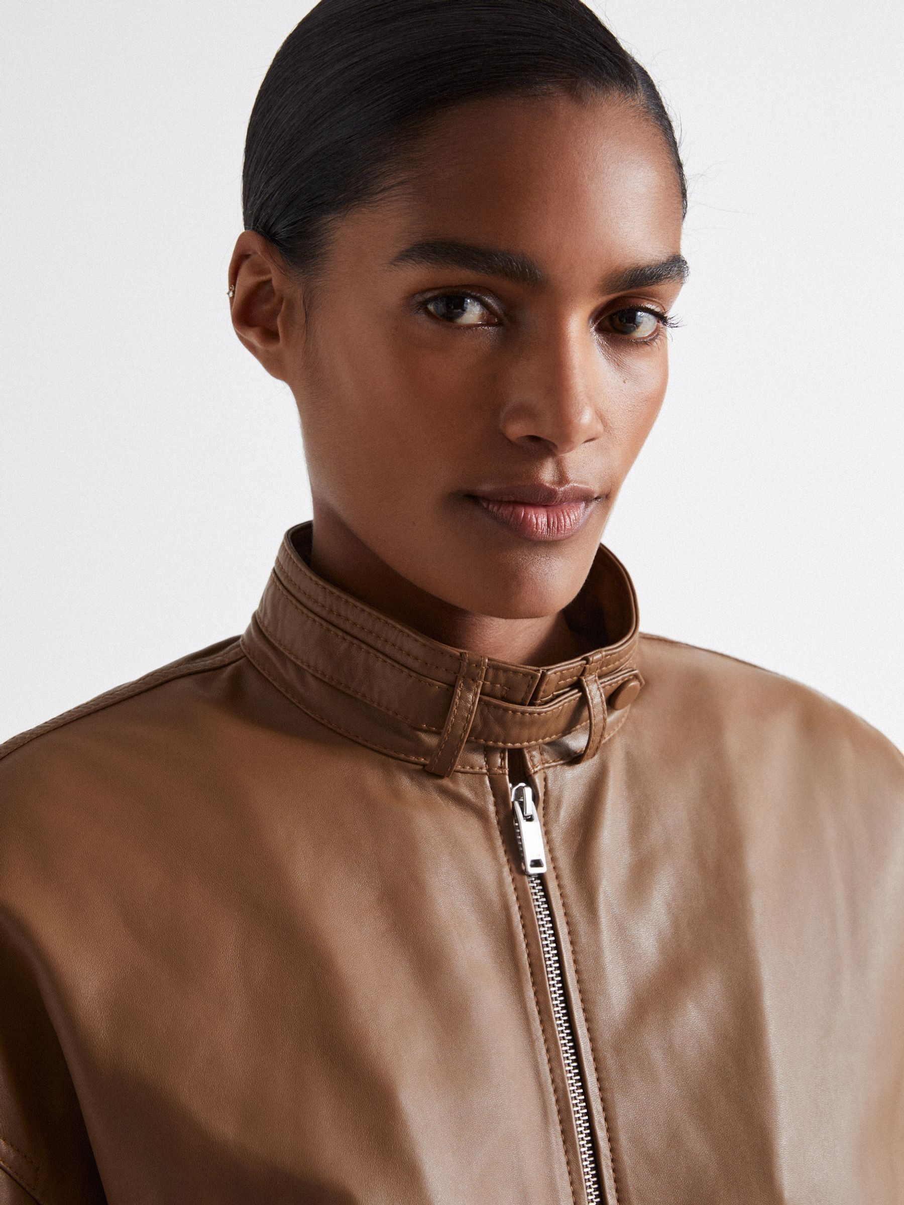 Reiss Atelier Leather Latched-Collar Bomber Jacket in Tan - REISS