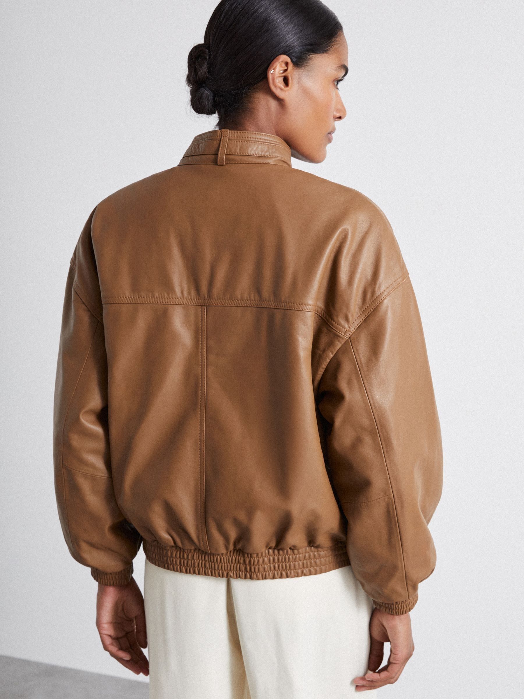 Reiss Atelier Leather Latched-Collar Bomber Jacket in Tan - REISS
