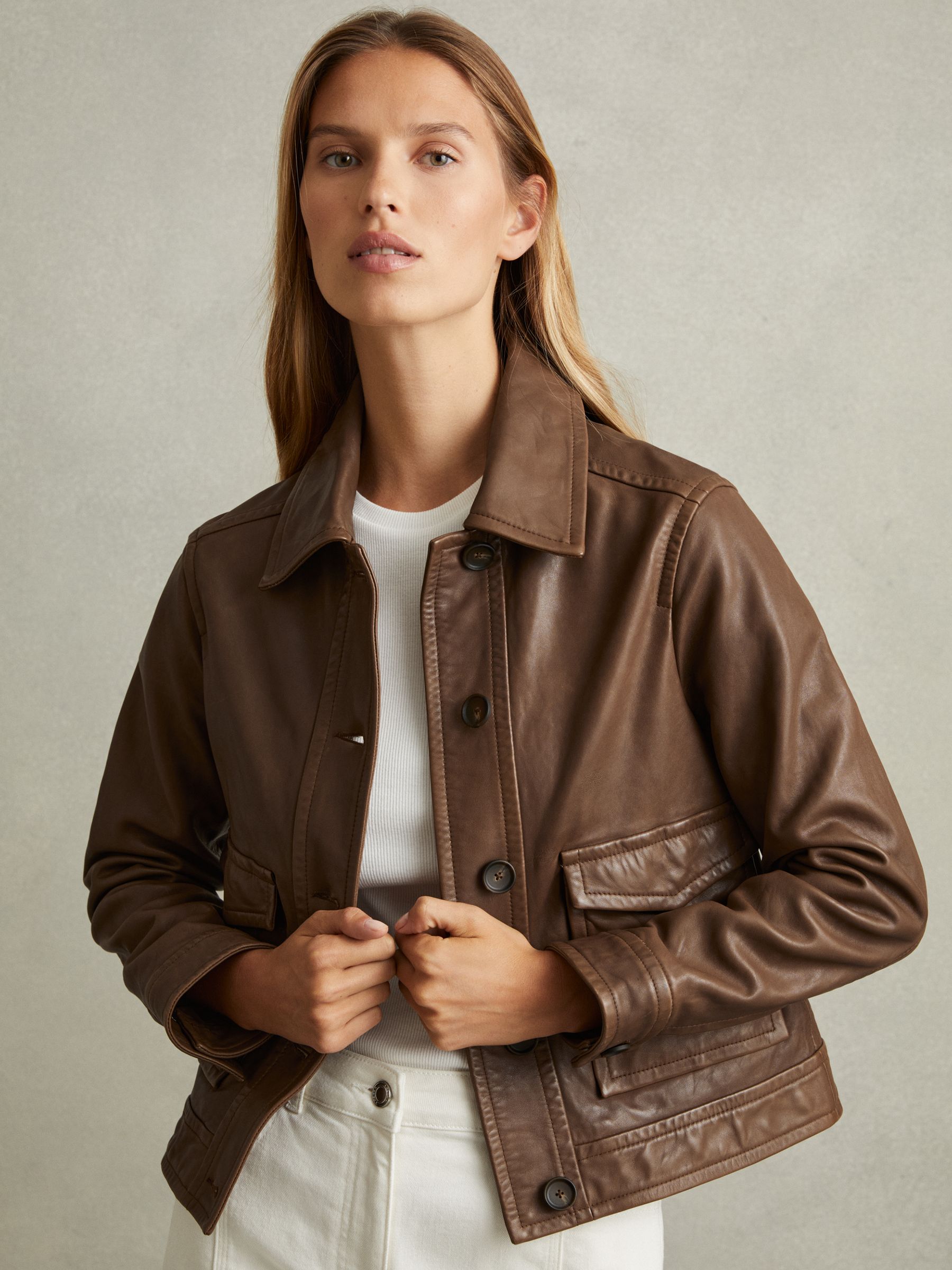 Reiss Leather Trucker Jacket in Chocolate - REISS