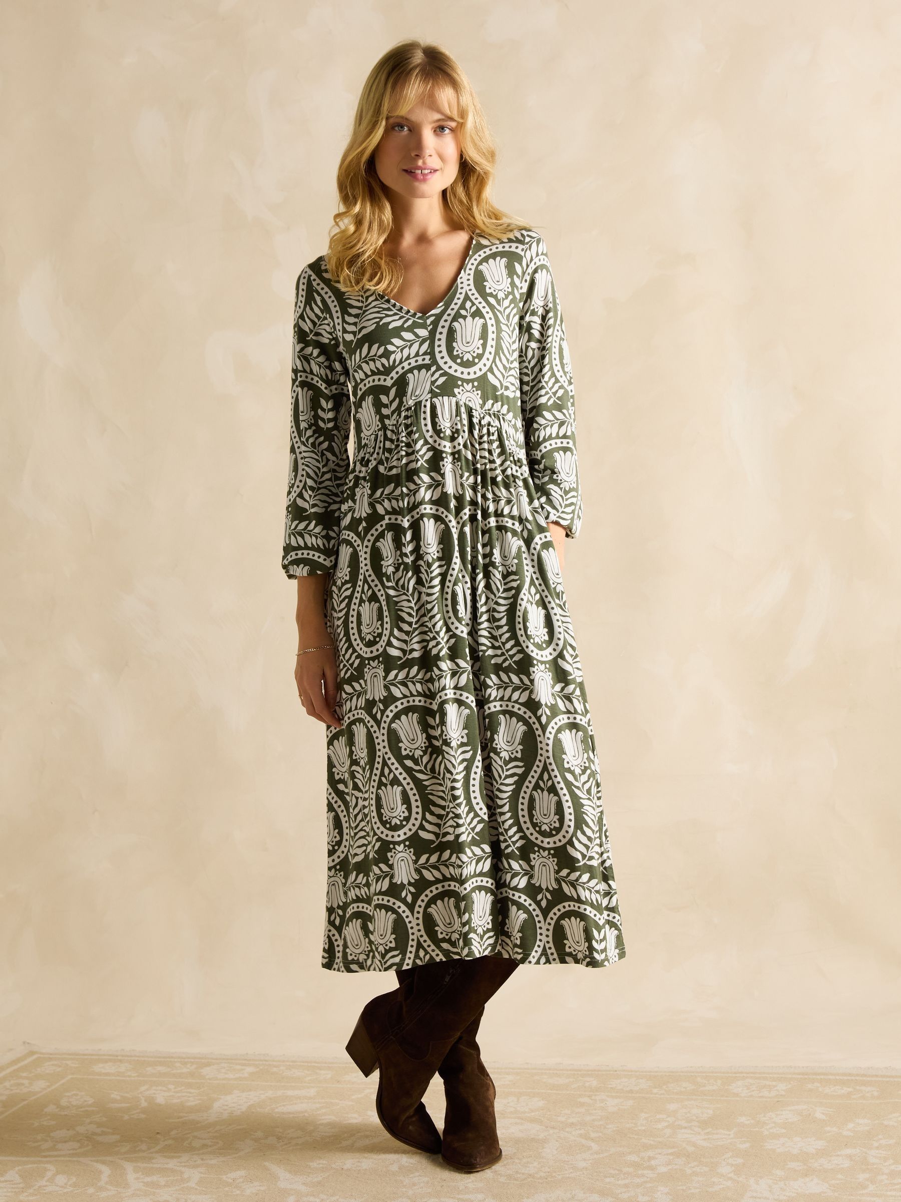 Nia Khaki Green V-Neck Long Sleeve Midaxi Dress | Joules