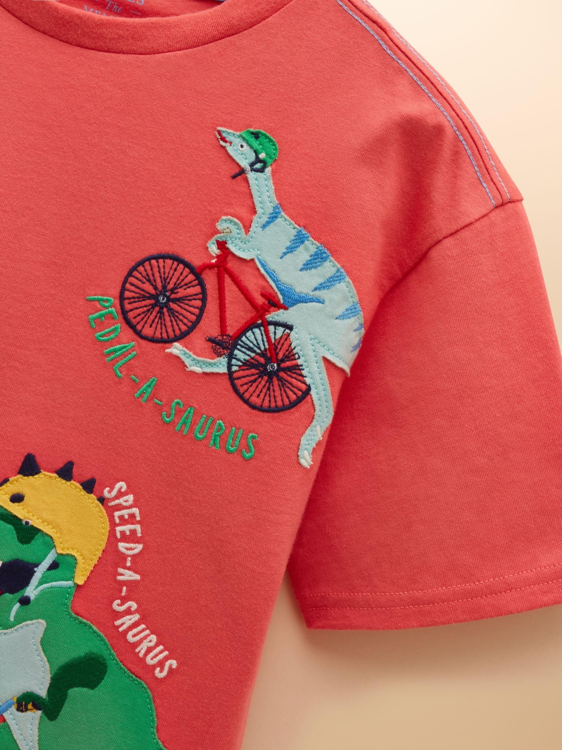 Archie Red Dinosaur Cotton Short Sleeve Applique T-Shirt | Joules