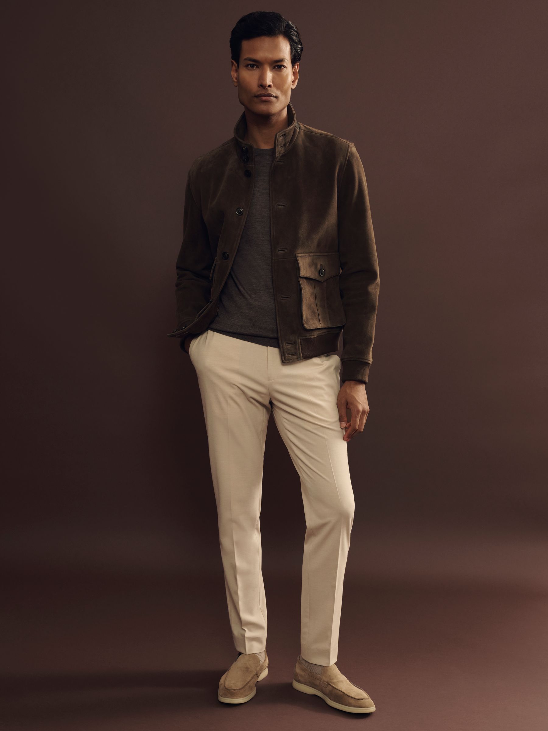 Reiss Suede Harrington Jacket in Chocolate Brown - REISS