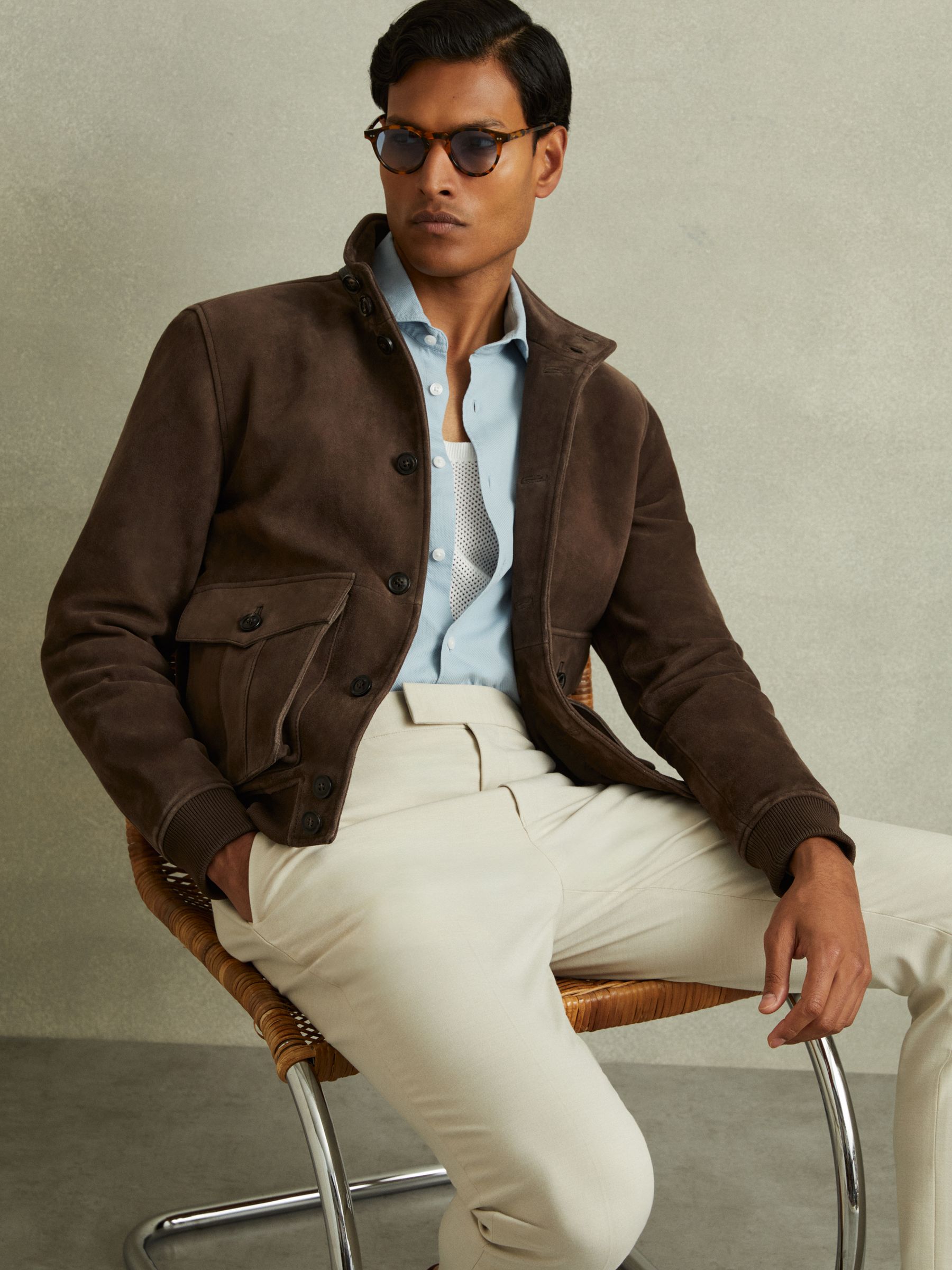 Reiss Suede Harrington Jacket in Chocolate Brown - REISS