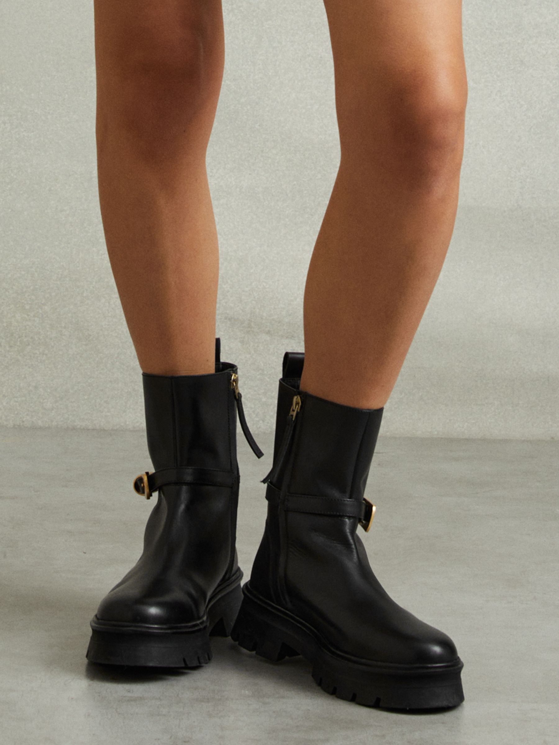 Reiss Leather Cleated Ankle Boots in Black - REISS