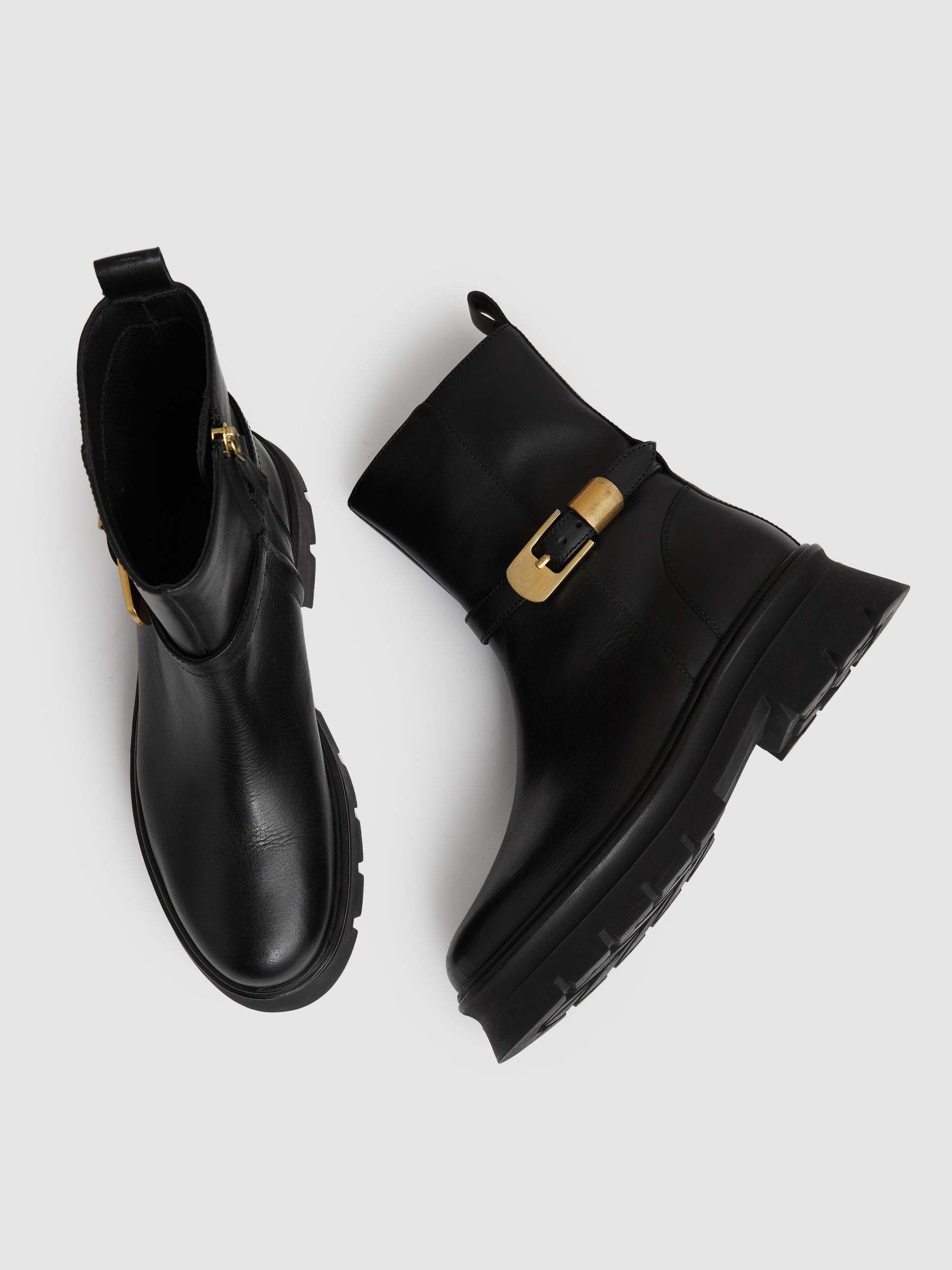 Reiss Leather Cleated Ankle Boots in Black - REISS