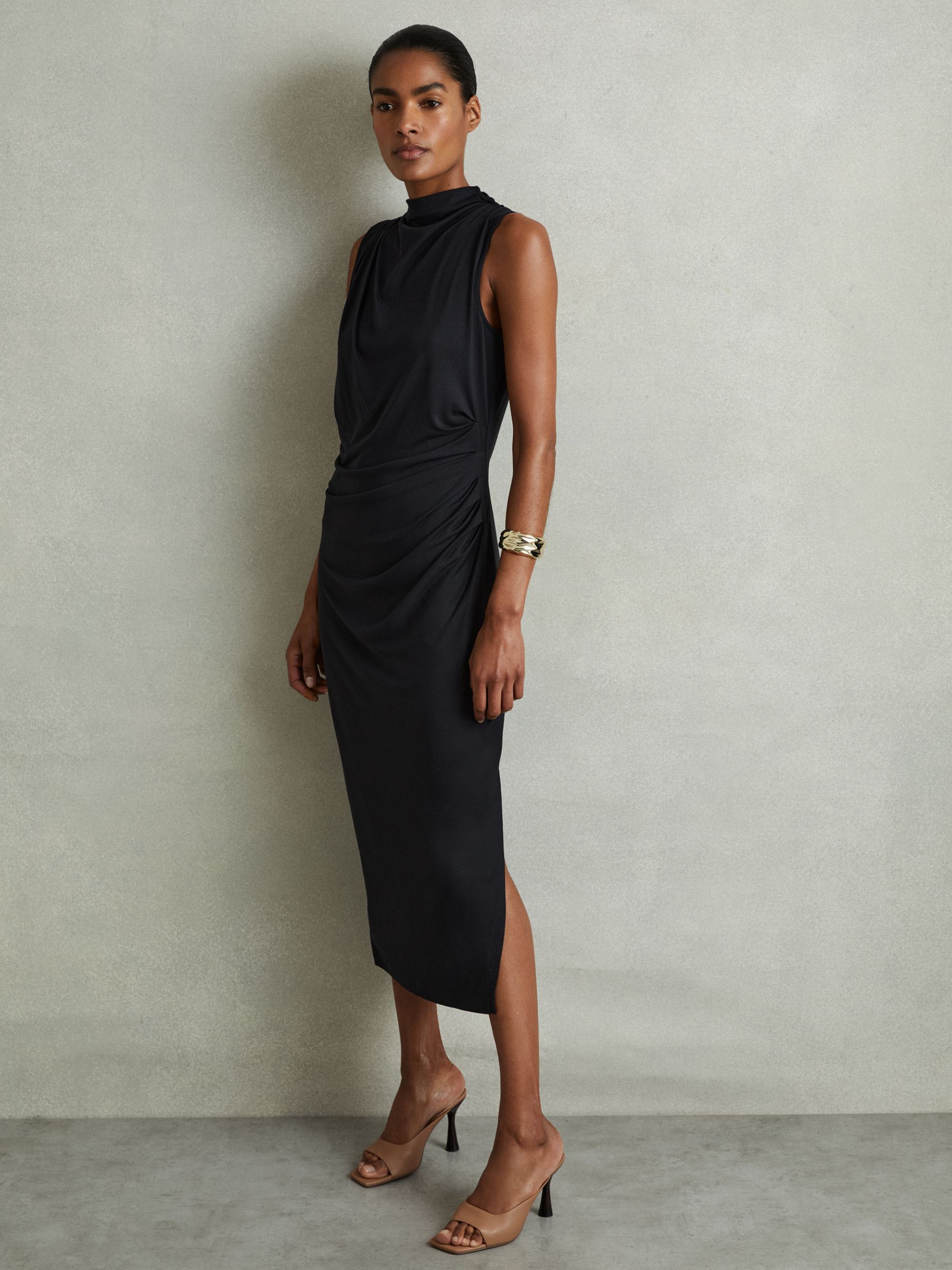 Reiss Modal Blend Ruched Midi Dress in Charcoal - REISS
