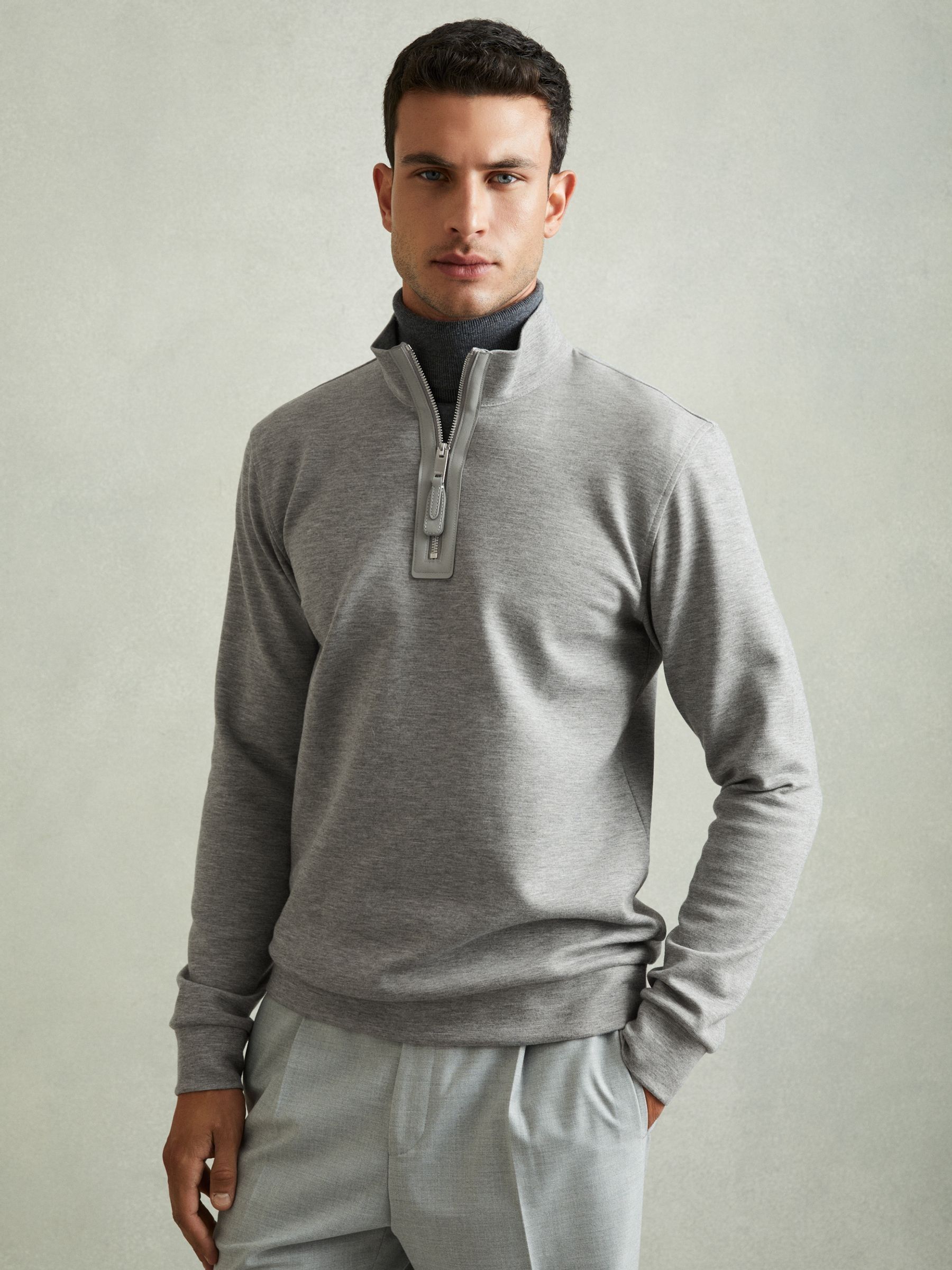 Reiss Leather-Placket Interlock-Jersey Sweatshirt in Grey Melange - REISS
