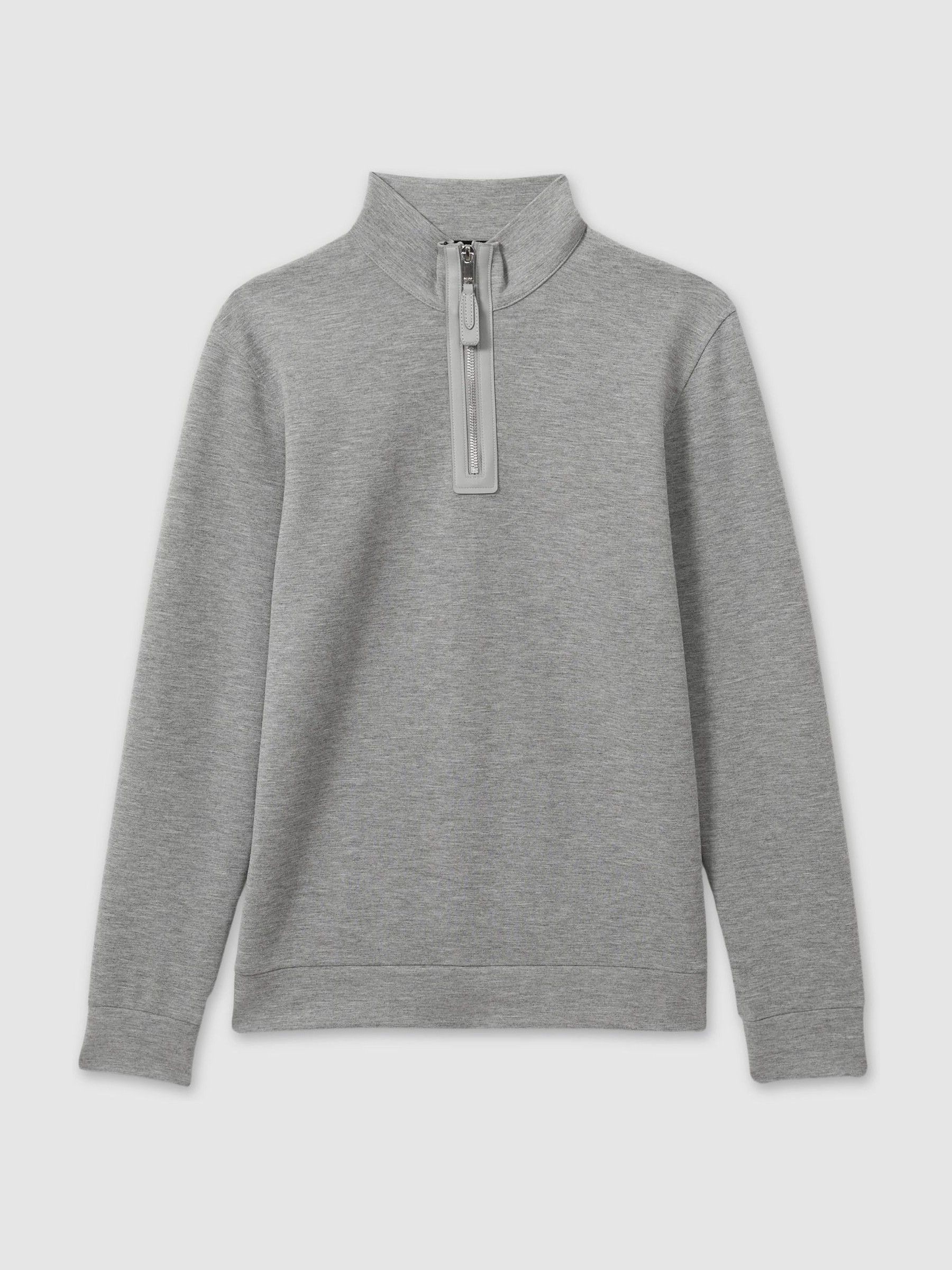 Reiss Leather-Placket Interlock-Jersey Sweatshirt in Grey Melange - REISS