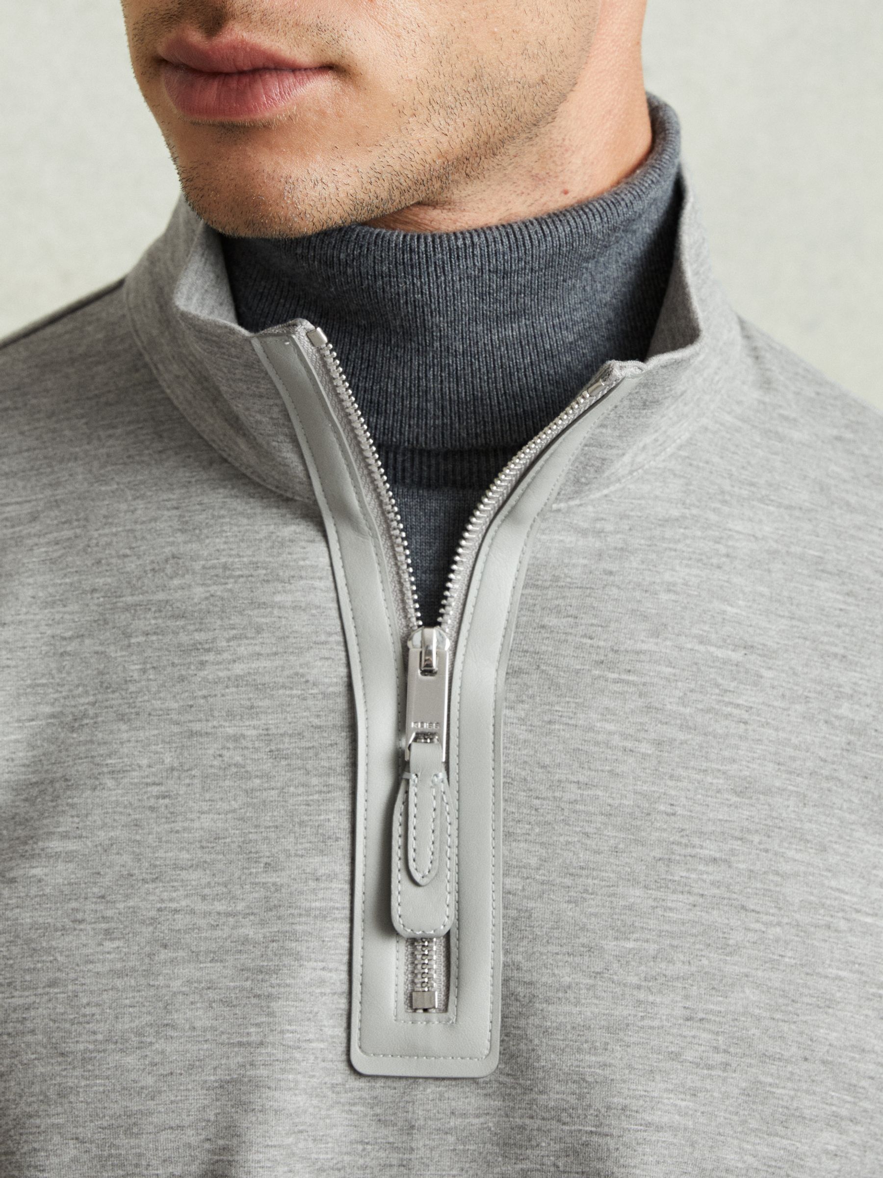 Reiss Leather-Placket Interlock-Jersey Sweatshirt in Grey Melange - REISS