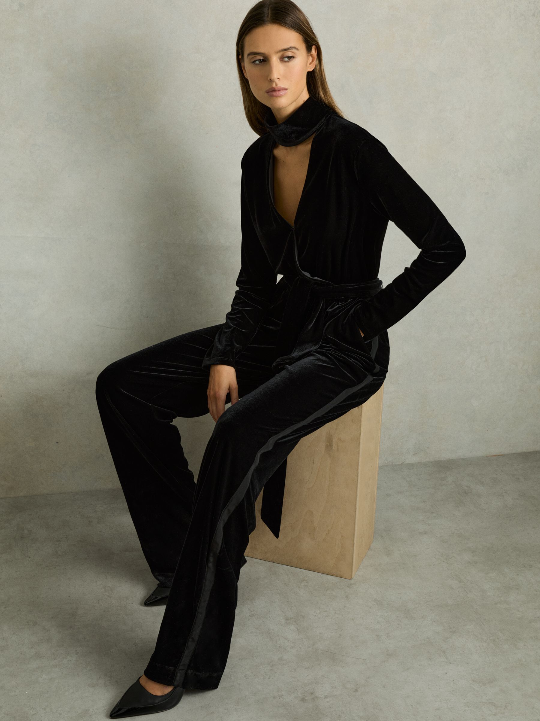 Reiss Petite Velvet Belted Wide Leg Jumpsuit in Black - REISS