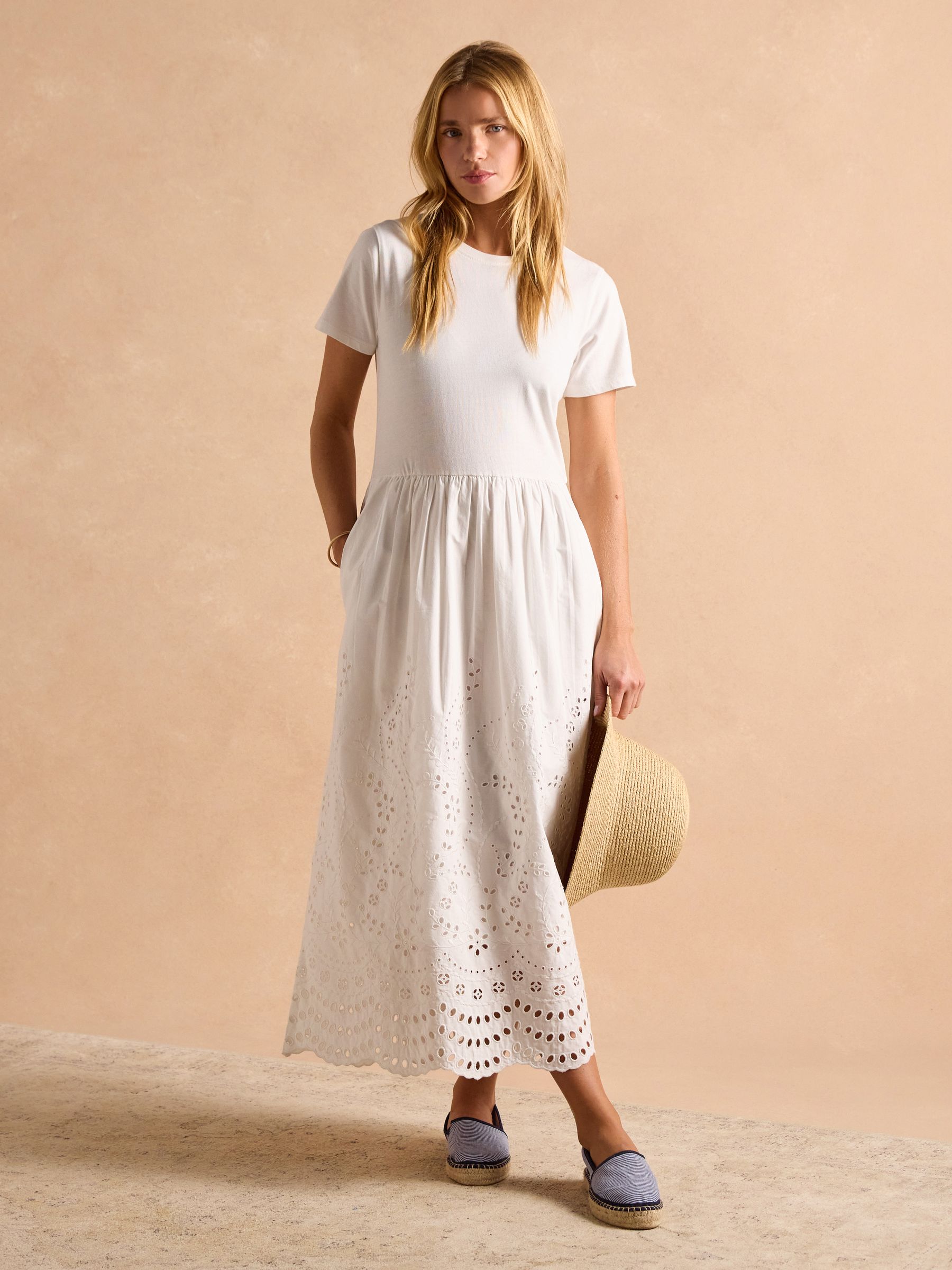 Reid White Cotton Broderie Midi Dress | Joules